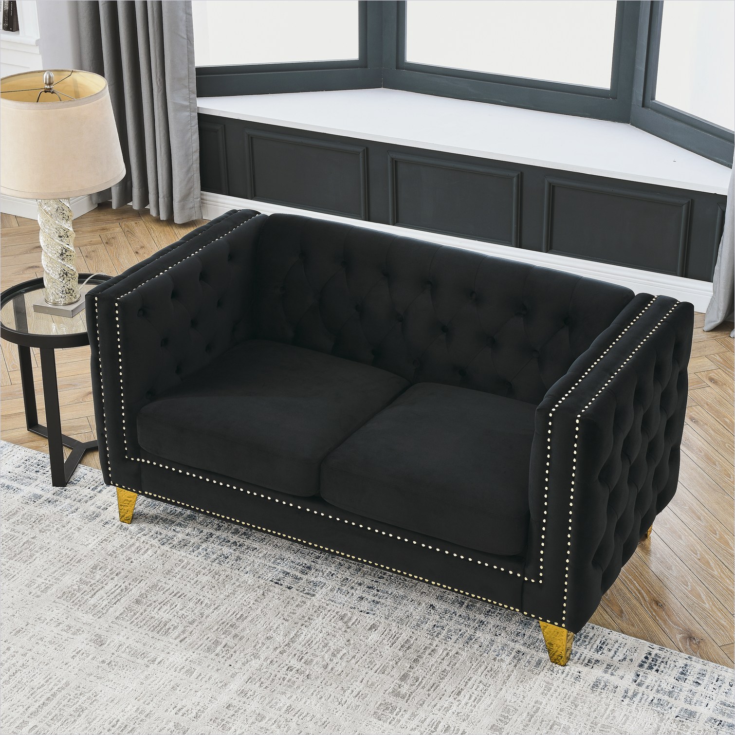 SUNCREAT Chesterfield Velvet Two-Seat Sofa in Sleek Black Metal Legs ...