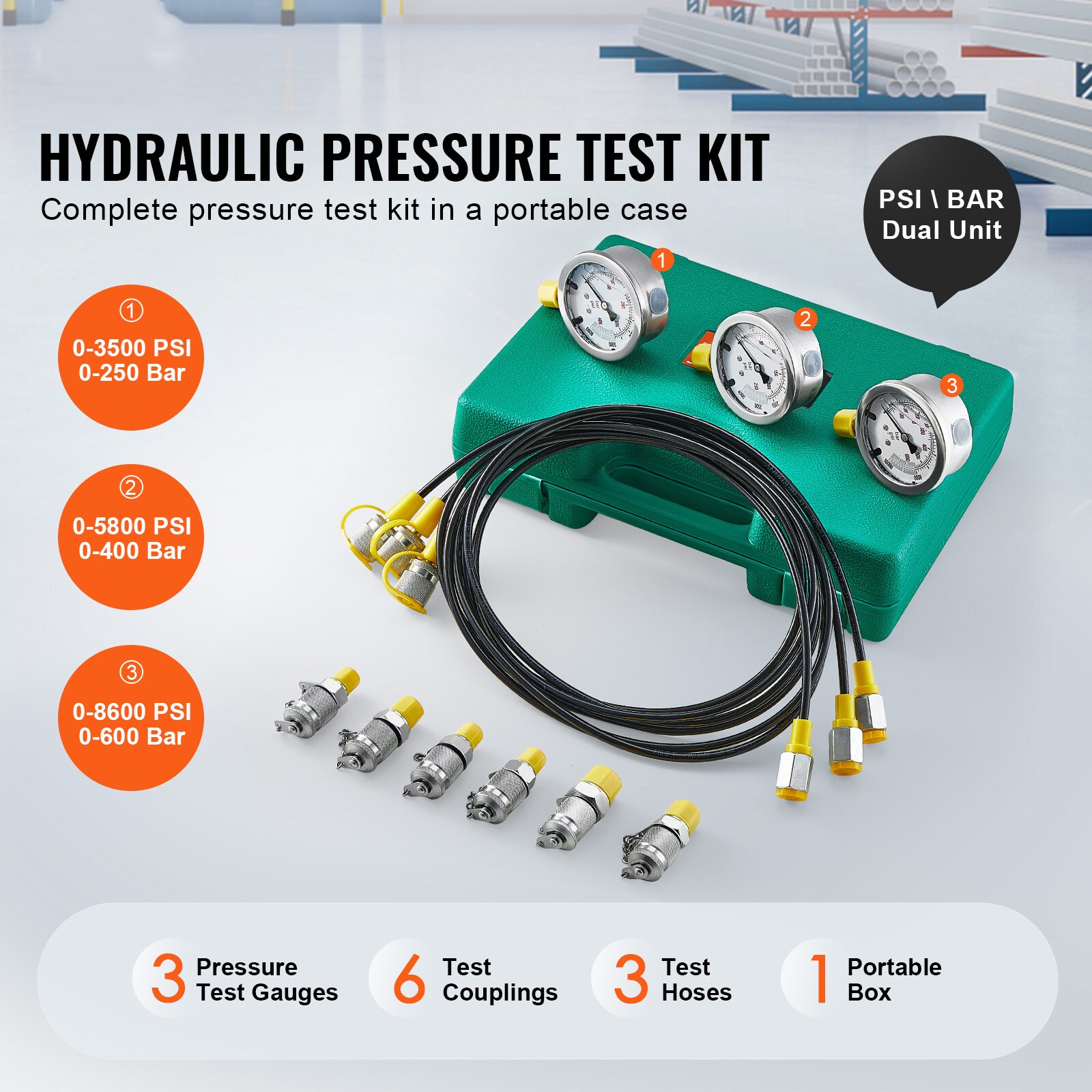 VEVOR Hydraulic Pressure Test Kit. 250/400/600bar. 3 Gauges 6 Test ...