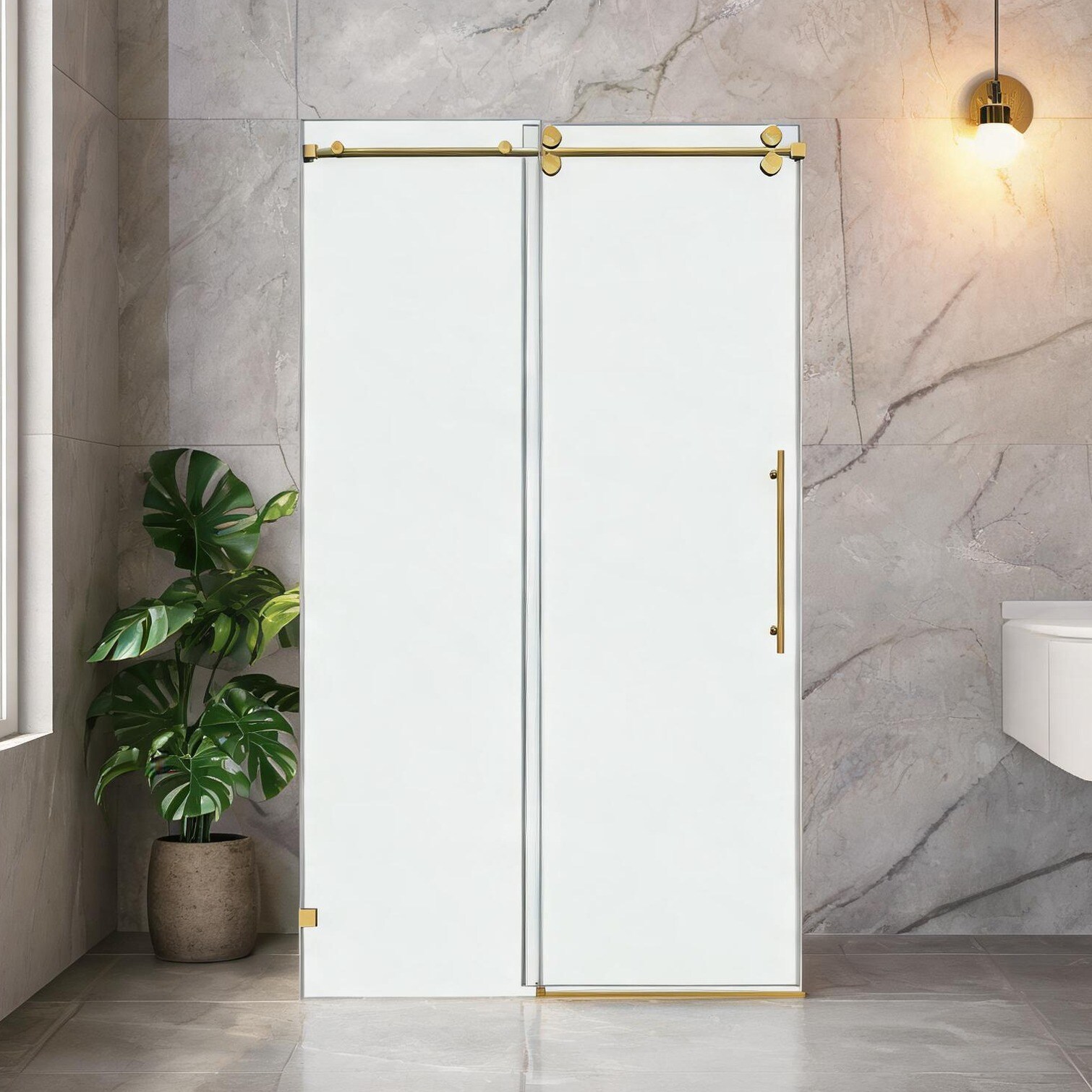 Watnature Sliding Shower Door with Clear Glass and Warm Gold Frame ...