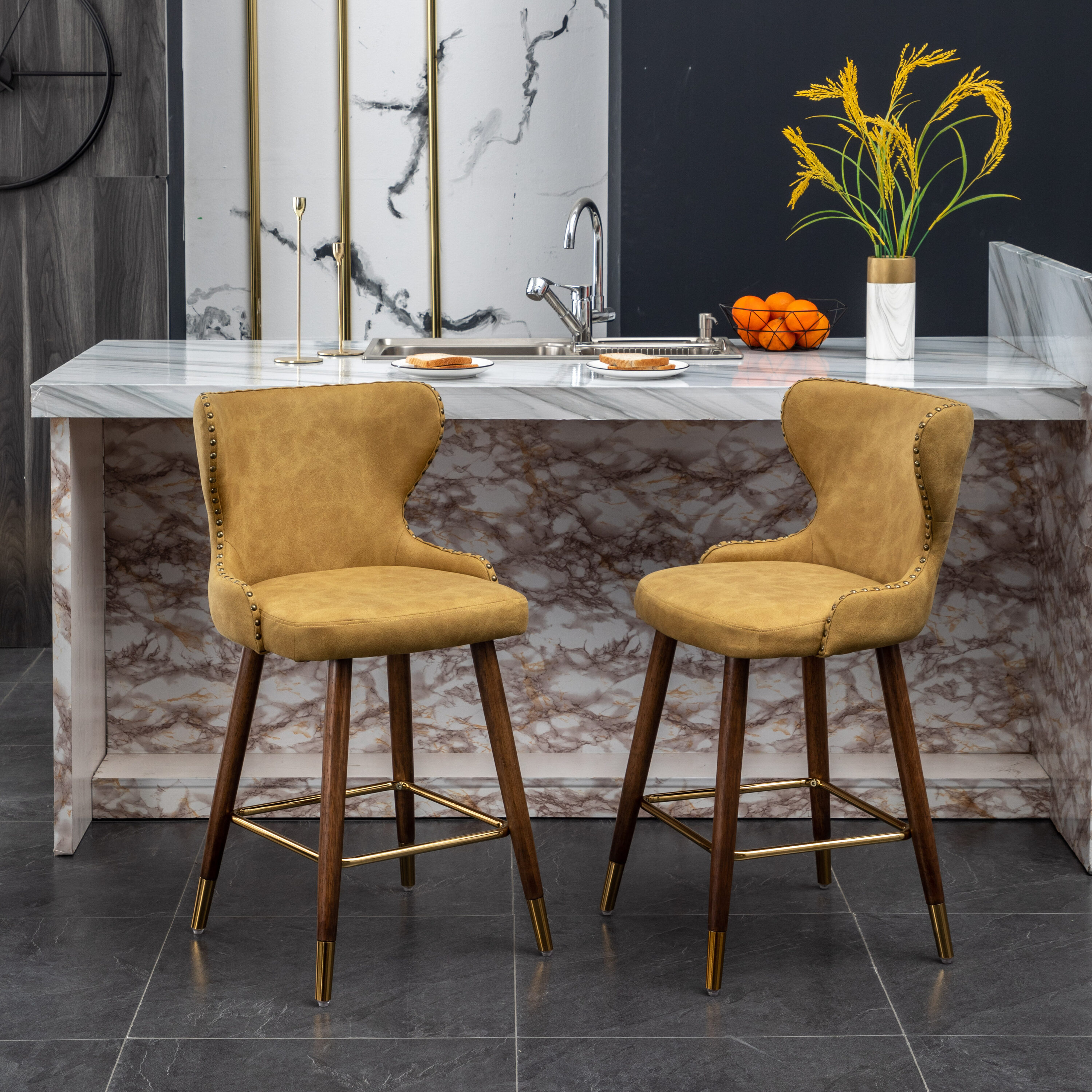 Roundhill Furniture Yellow 24.5-in H Counter height Upholstered Wood ...