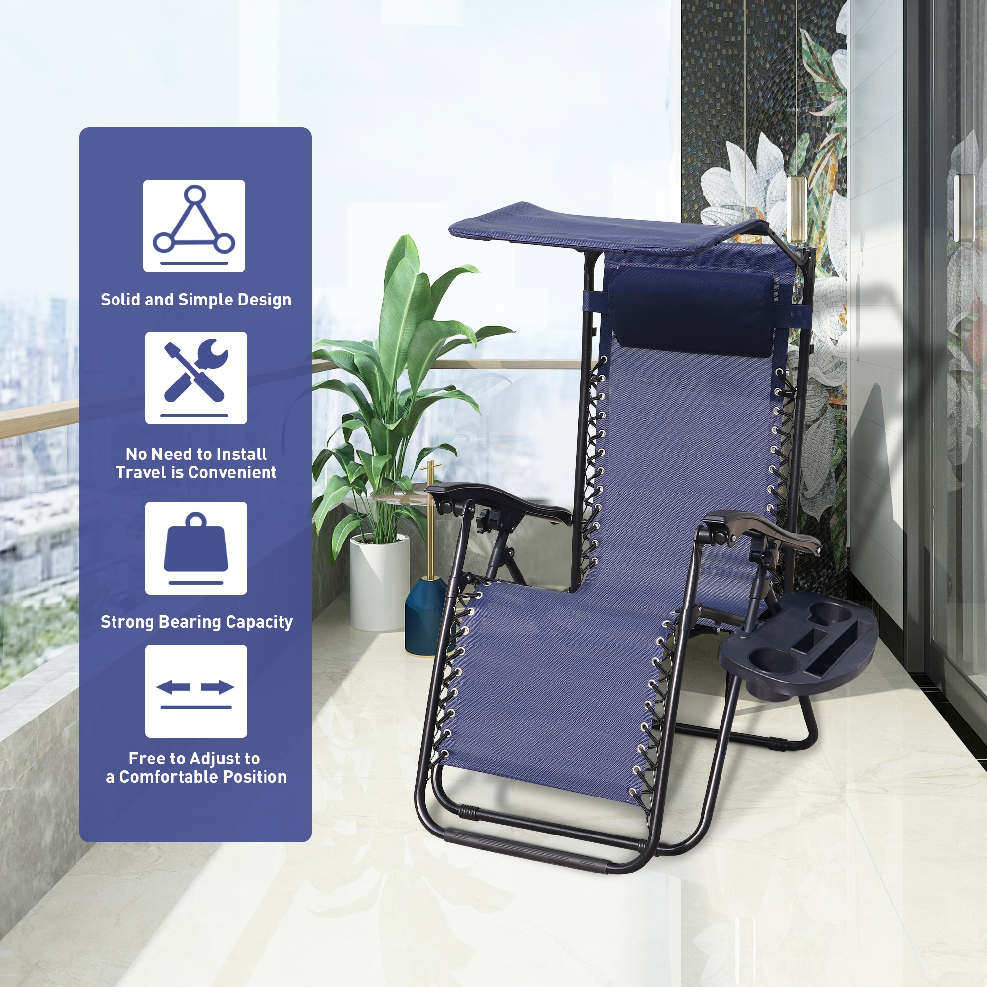 Damerin Patio Chairs Navy Blue Steel Frame Stationary Recliner Chair ...