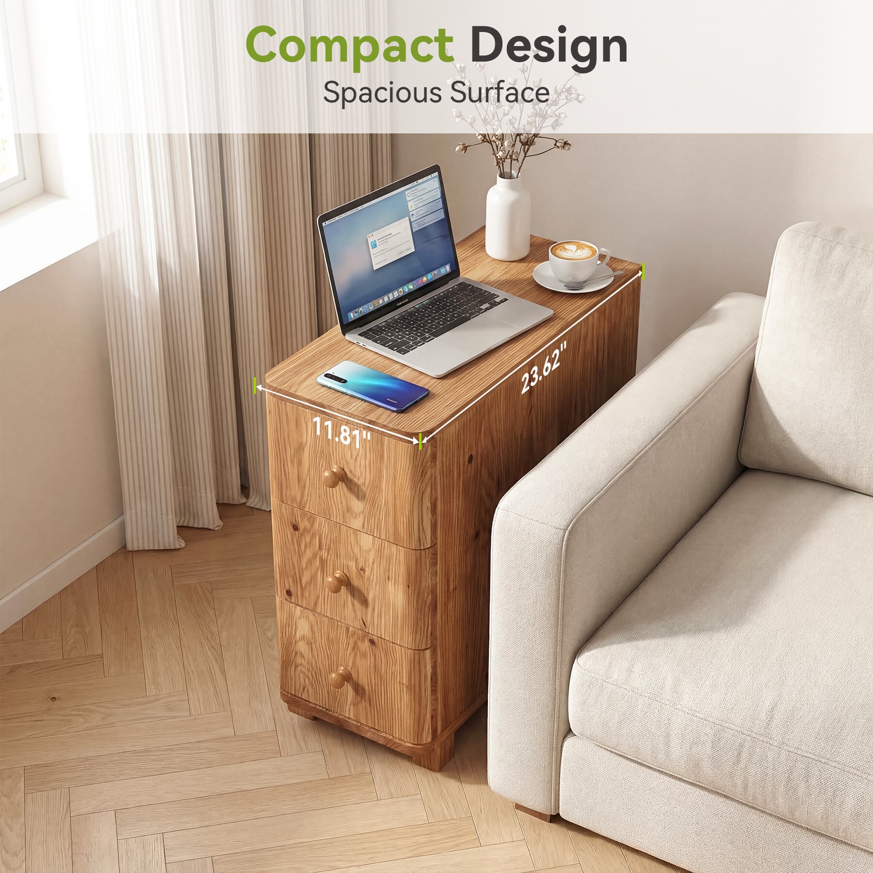 LITTLE TREE Solid Wood Side Table with 3 Drawers for Living Room ...