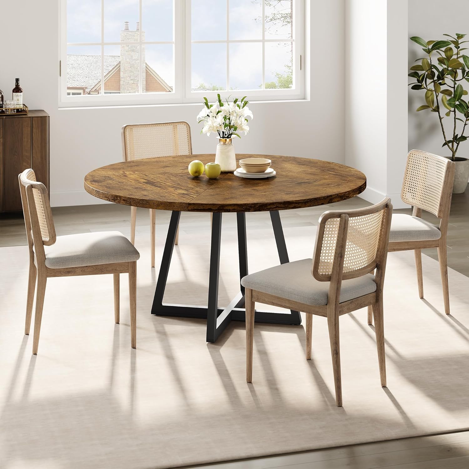 Qeetex 47Inch Round Dining Table for 4-6 People Brown Dining Room Table ...