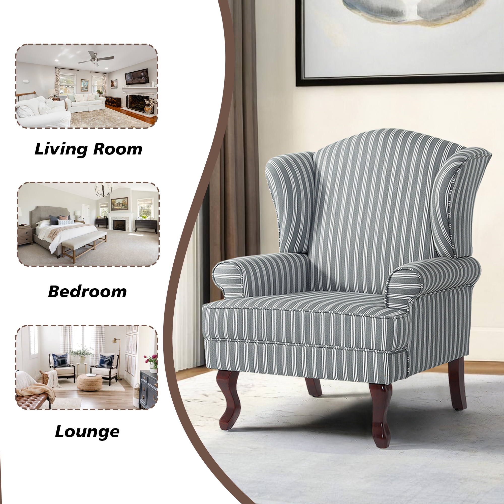 Dreamsidea Cotton-Linen High-back Mid Century Accent Chair - Wooden ...