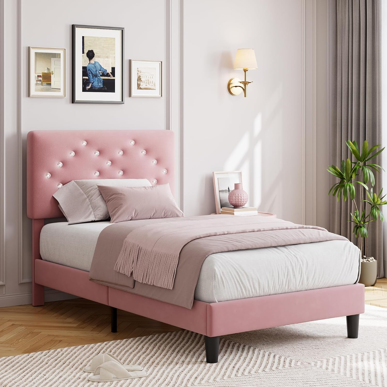 Garvee Twin Size Velvet Upholstered Bed Frame with Tufted Headboard ...