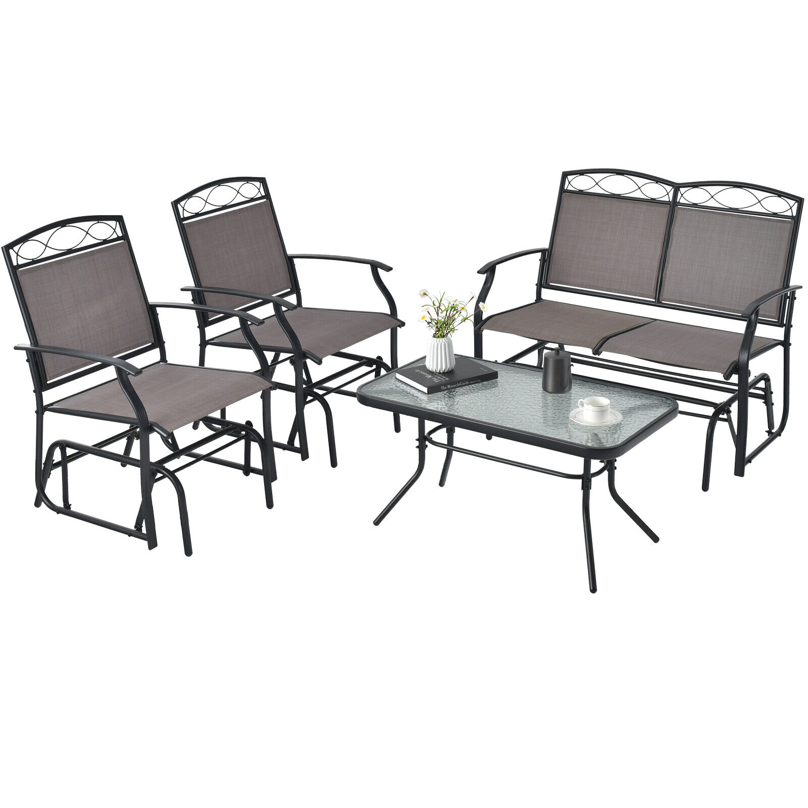 Slickblue Outdoor 4 Piece Glider Patio Set with Brown Fabric and ...