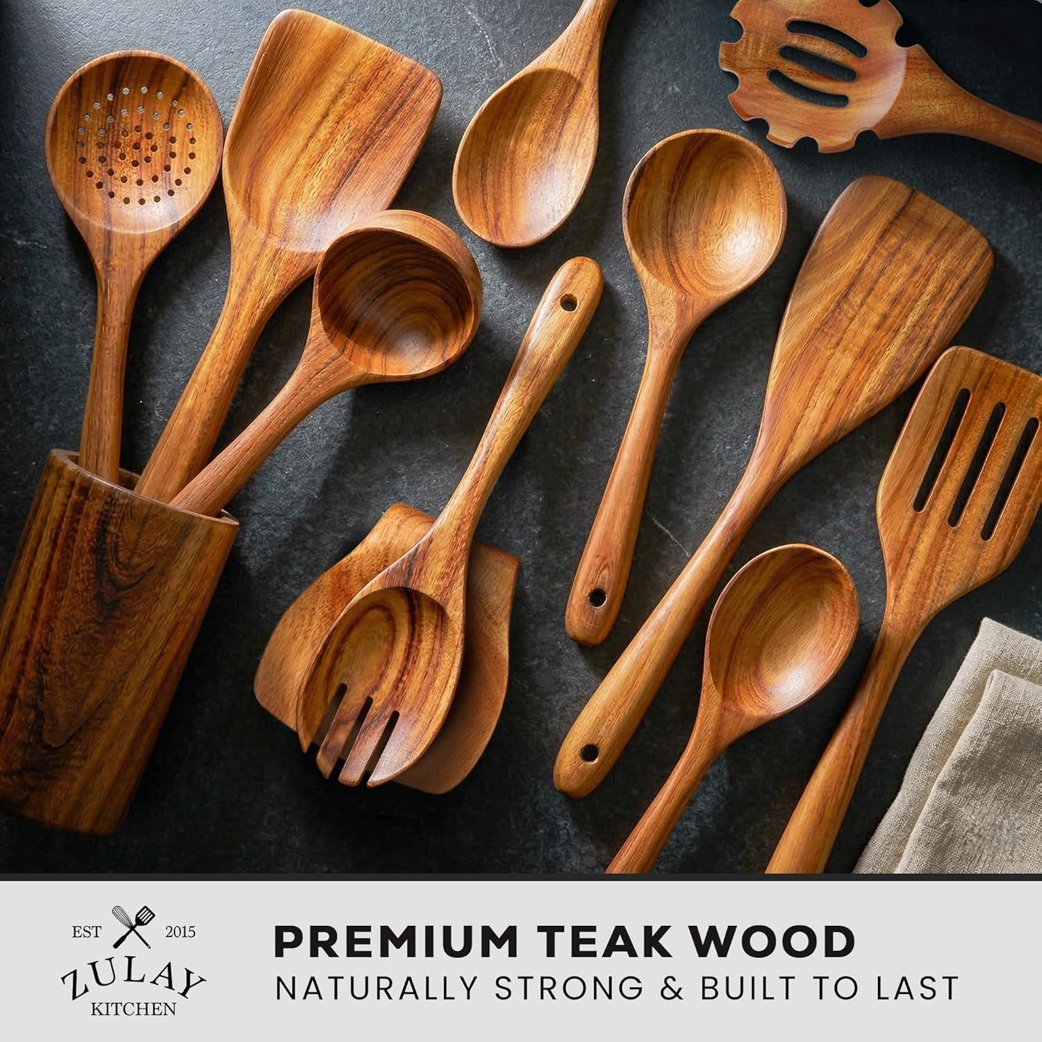 Zulay Kitchen 12 Piece Teak Wooden Utensil Set Natural Cooking Spoons ...