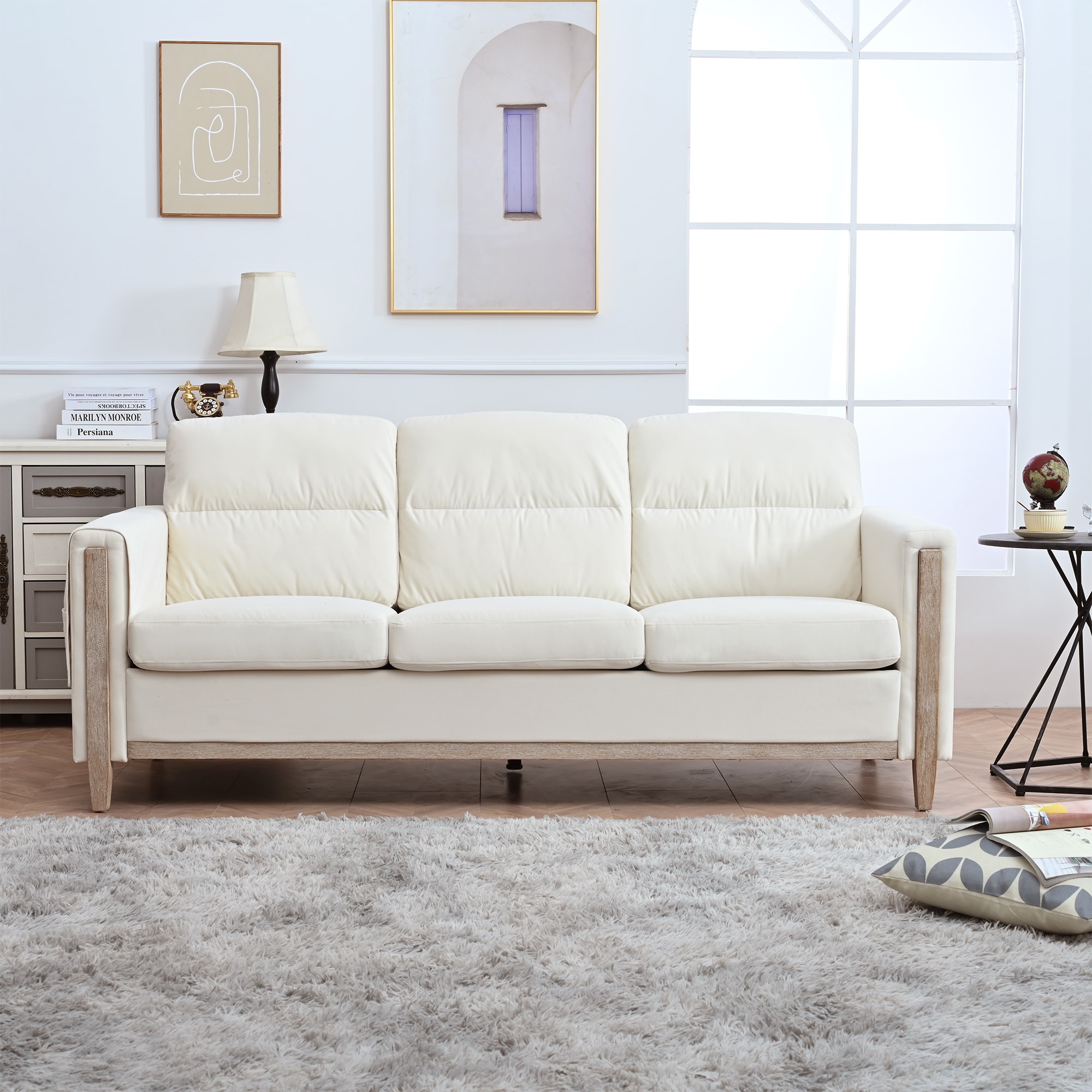 GDFStudio Solid Wood Frame 3-Seater Sofa Beige in the Couches, Sofas ...