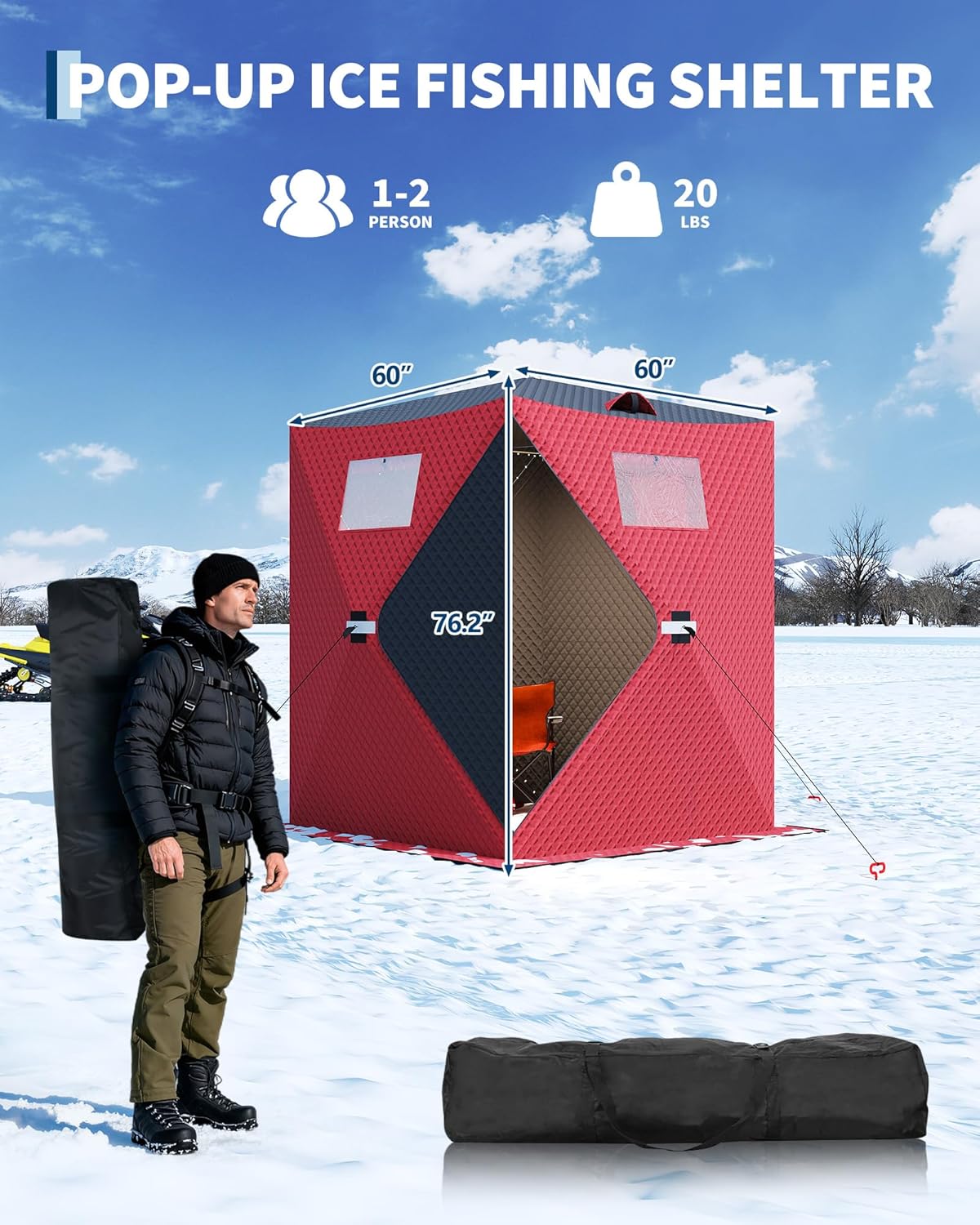 Garvee Insulated Pop-Up Ice Fishing Tent for 1-2 Persons 60x60x76 In ...