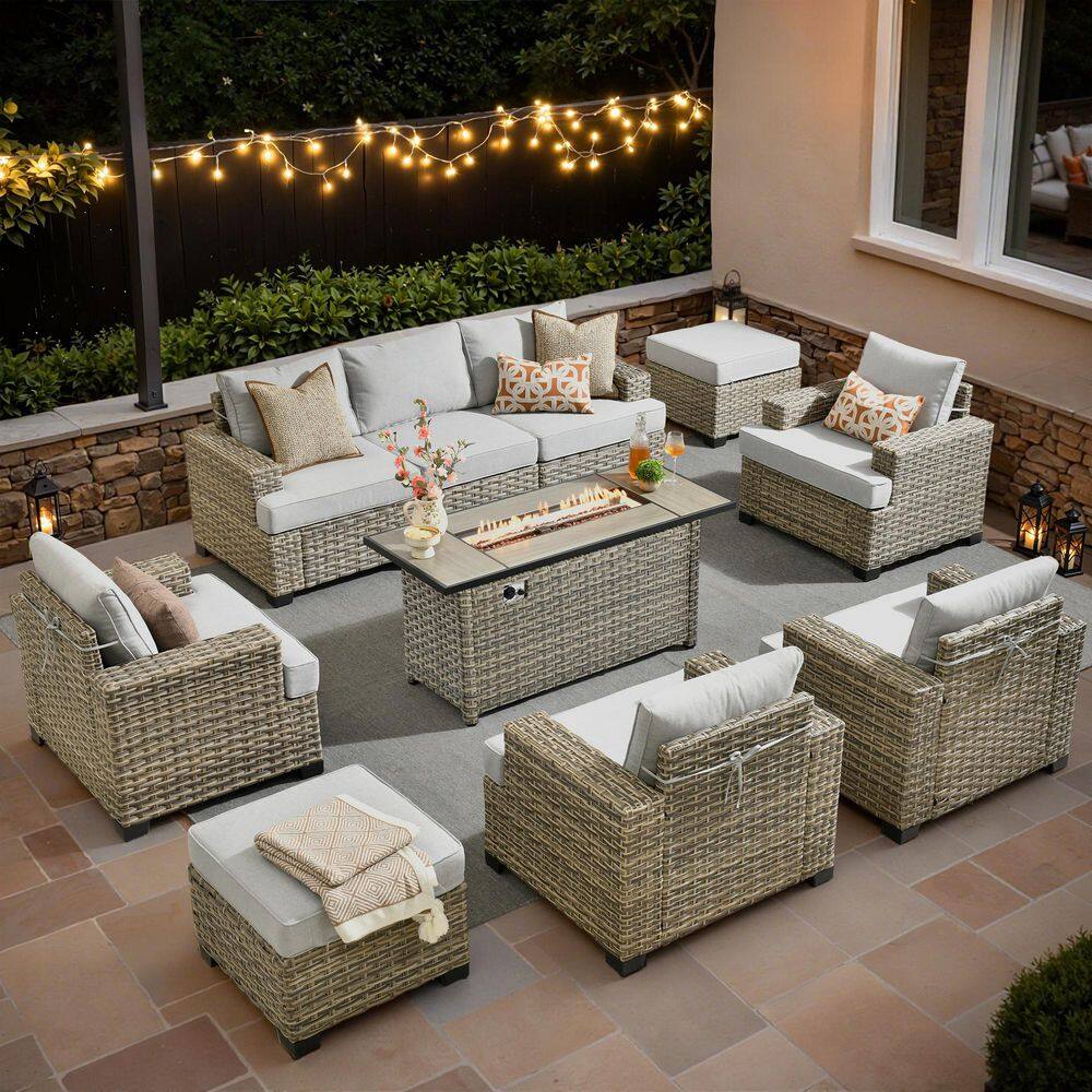 XIZZI Hilarious 10 Pieces Wicker Outdoor Patio Rectangular Fire Pit Set ...