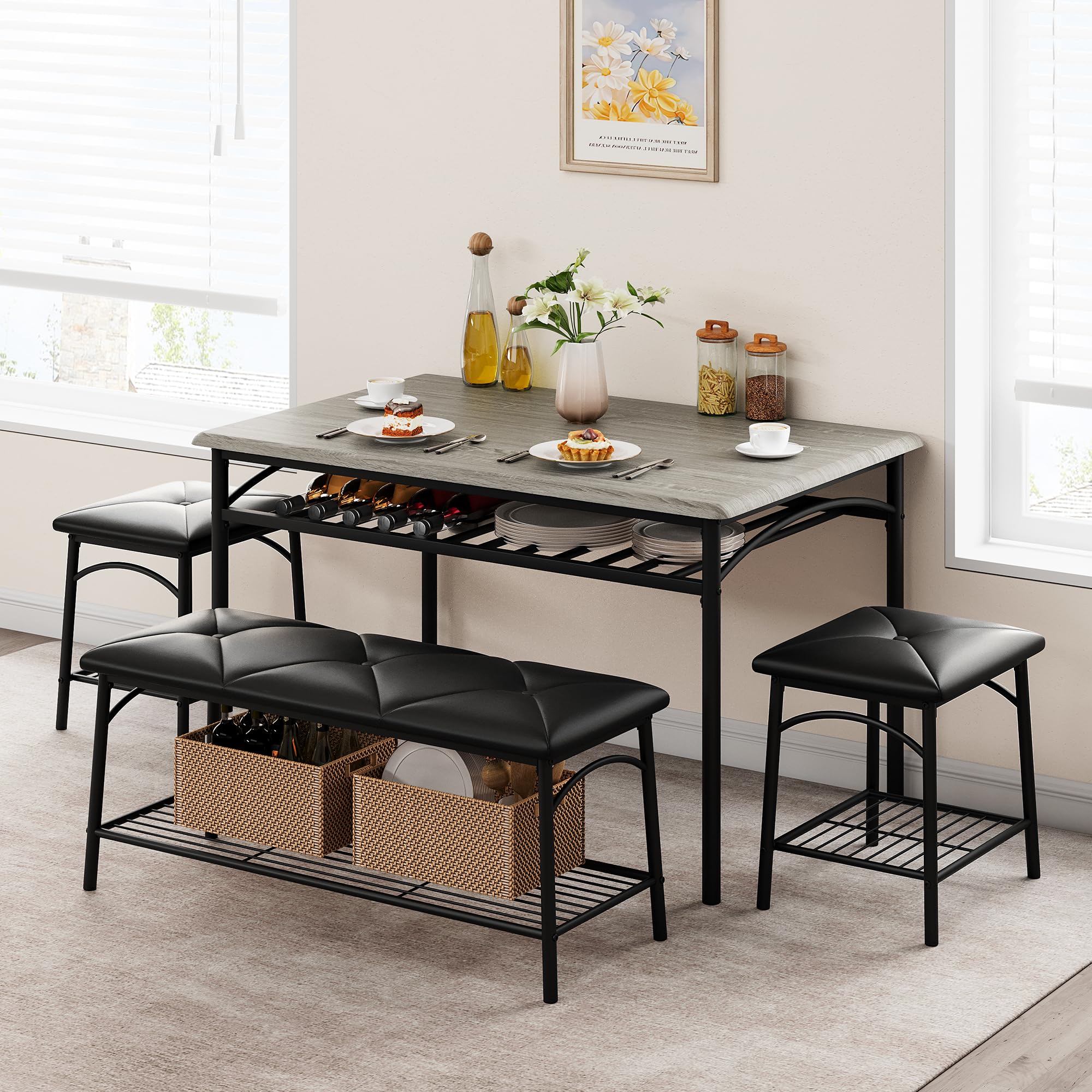 IdealHouse 4 Piece Square Dining Table Set with 2 Upholstered Chairs ...