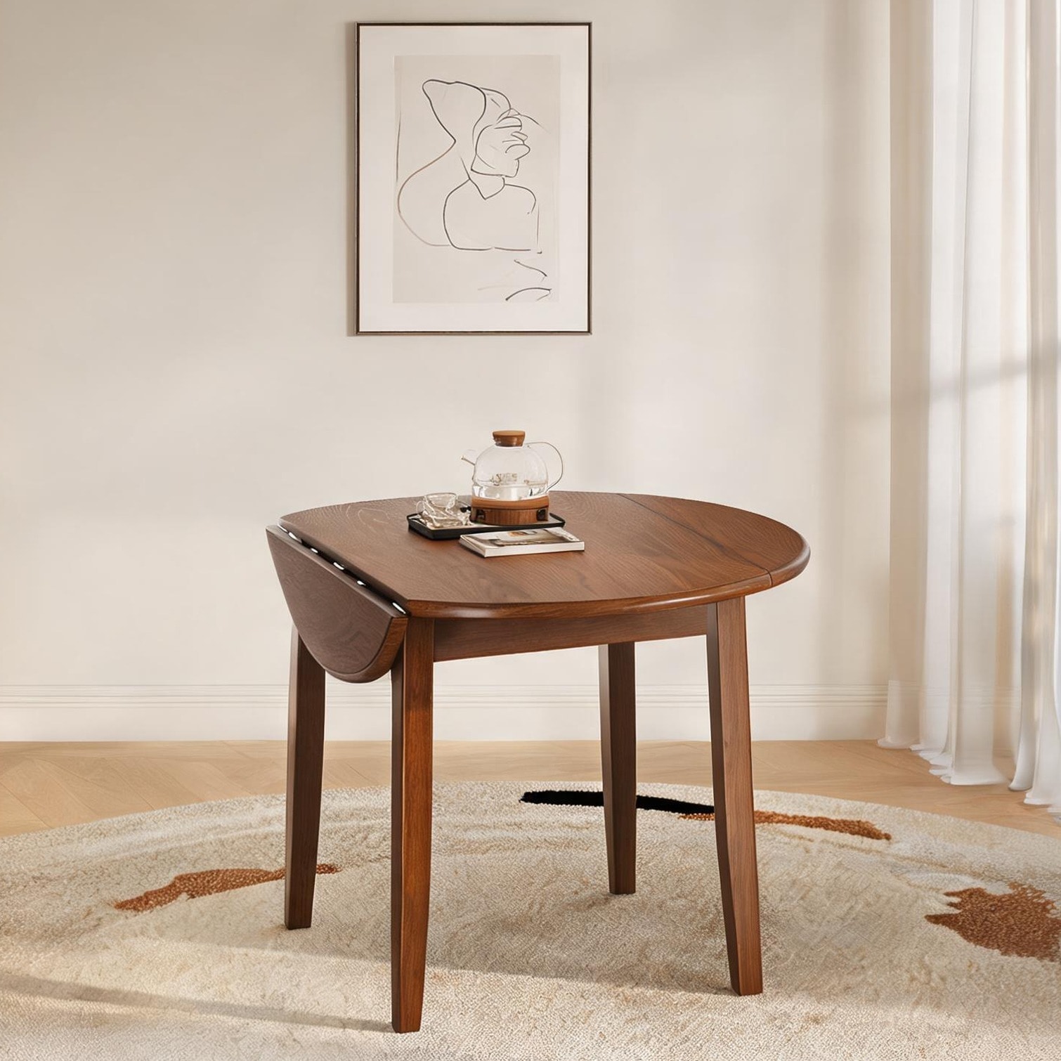 Watnature MDF Rubber Wood Round Extendable Dining Table for 2 to 4 Drop ...