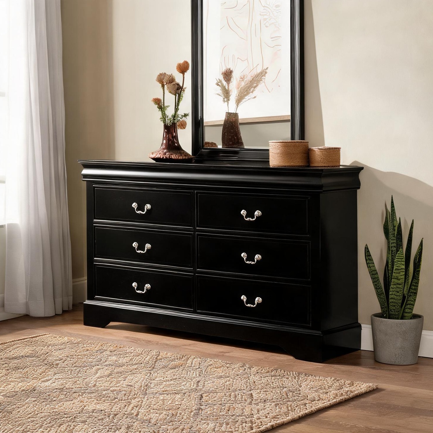 Watnature Six-Drawer Double Dresser in Jet Black Synthetic Wood Modern ...