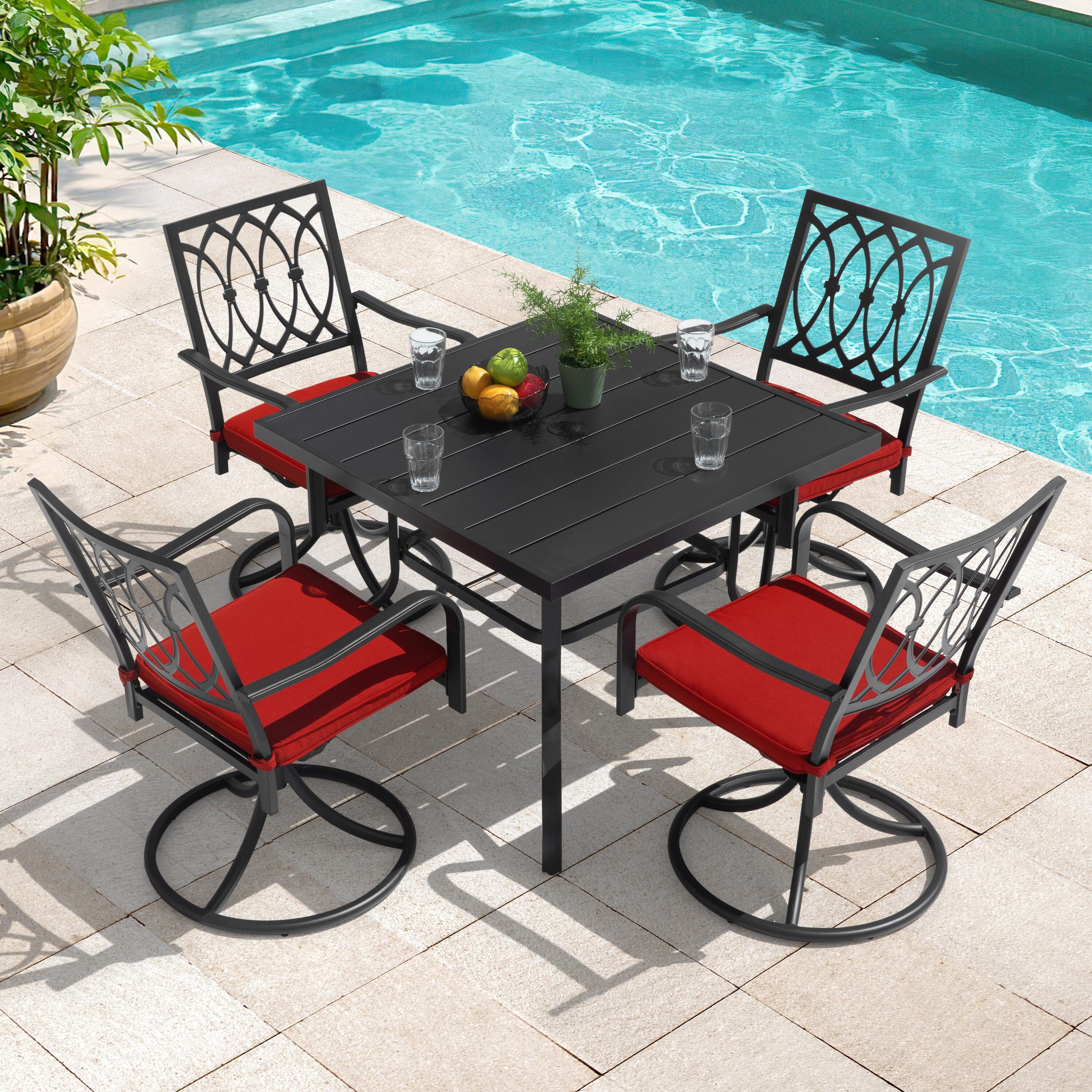 Nuu Garden 5 -Piece Black Patio Dining Set Iron Square Table with 4 Red ...