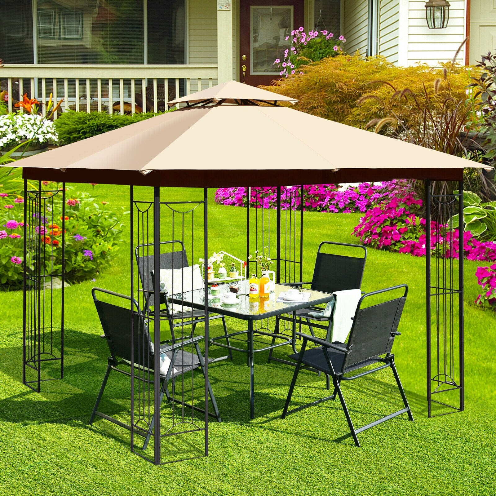 Slickblue 10x10 Square Beige Steel Frame Polyester Roof Gazebo with ...