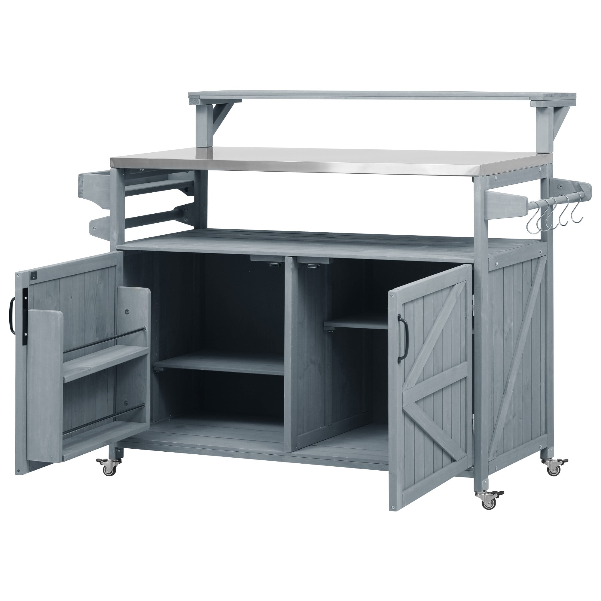 Bybafun Stainless Steel Top Gray Douglas fir Outdoor Serving Cart in ...