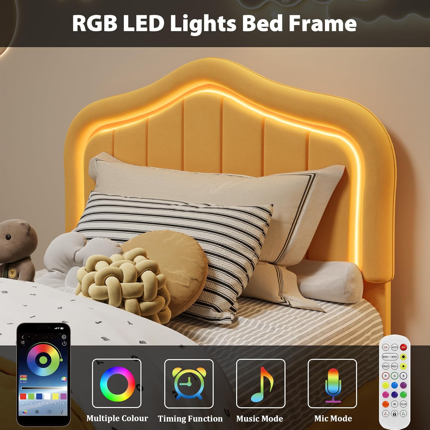 Garvee Twin LED Bed Frame with Storage and RGB Lights Upholstered ...