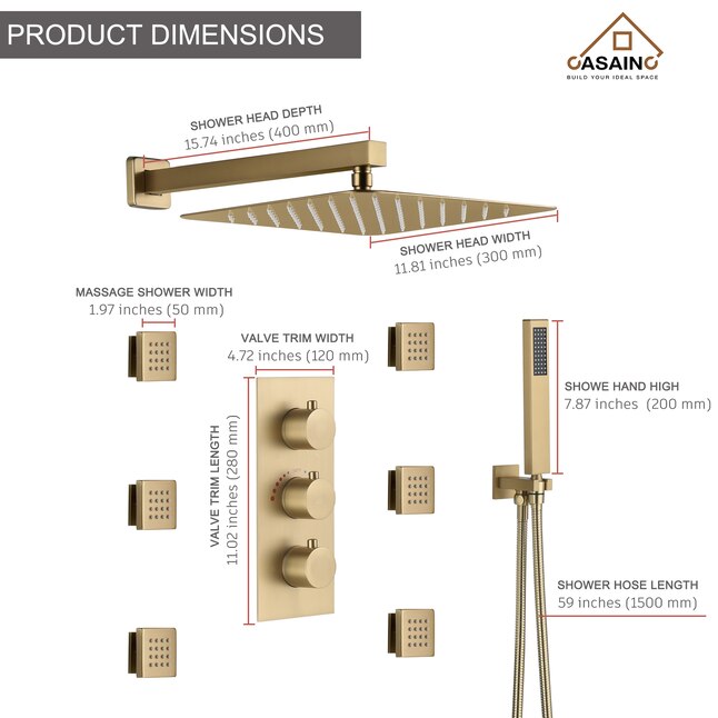 Casainc 3 Way Thermostatic Complete Shower System Brush Gold Dual Head