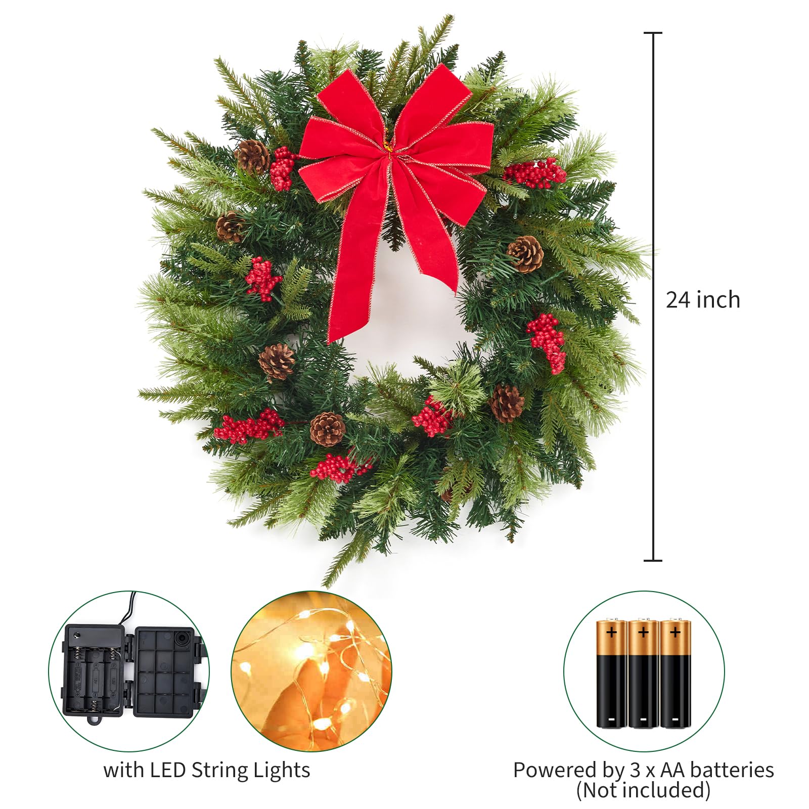 Garvee 24 Inch Pre-Lit Artificial Christmas Wreath with 50 LED Lights ...