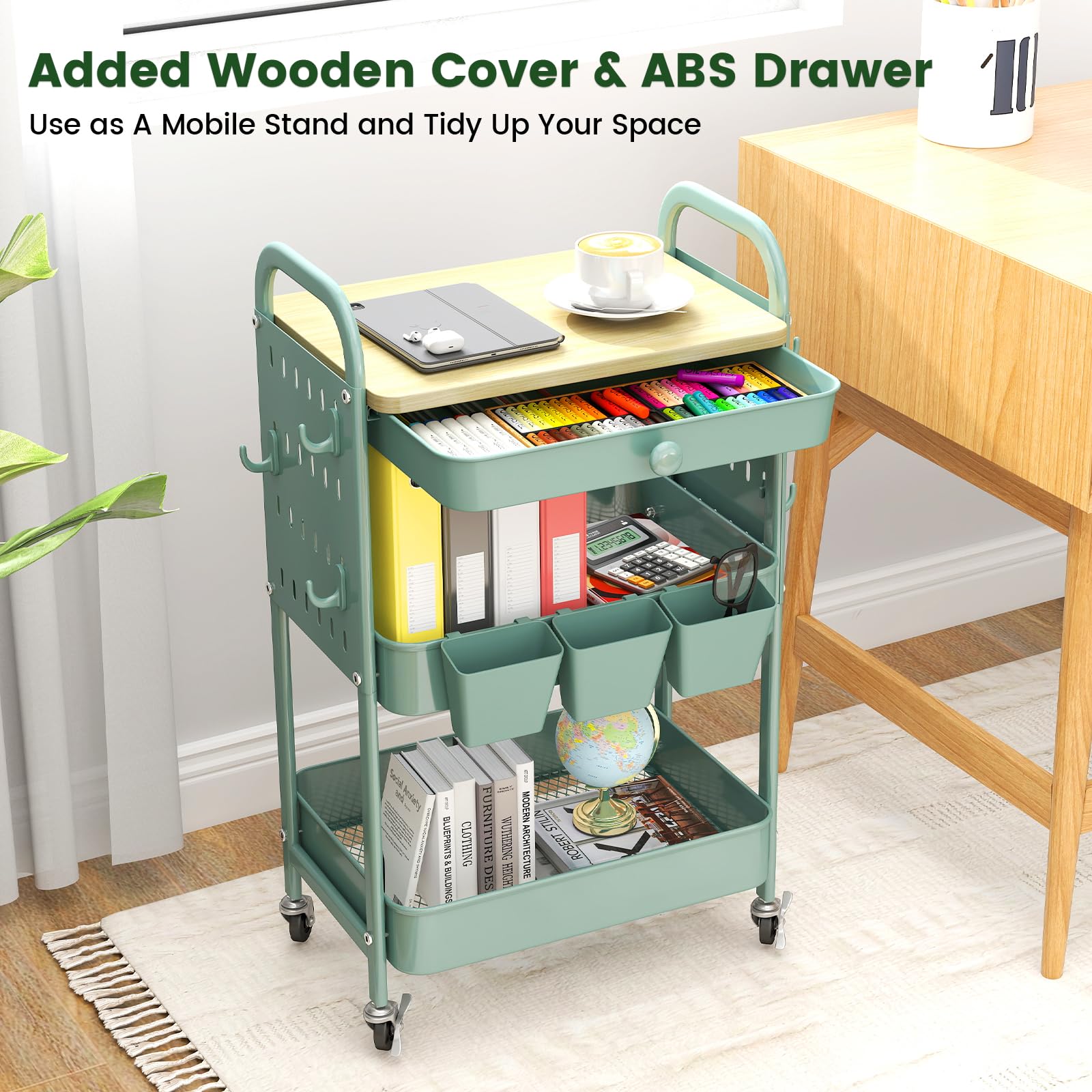 OMOMMD 3 Tier Rolling Cart Metal Storage Drawer Wooden Top Pegboard ...