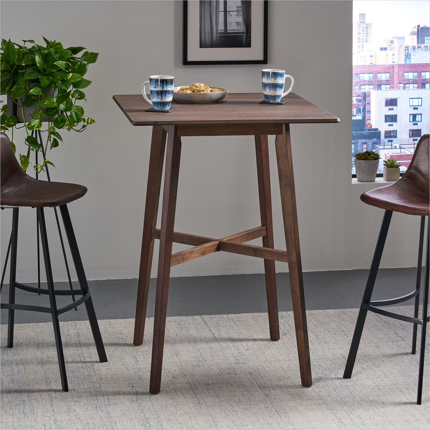 Watnature Square Bar Height Dining Table with Brown Finish Seats 4 for ...