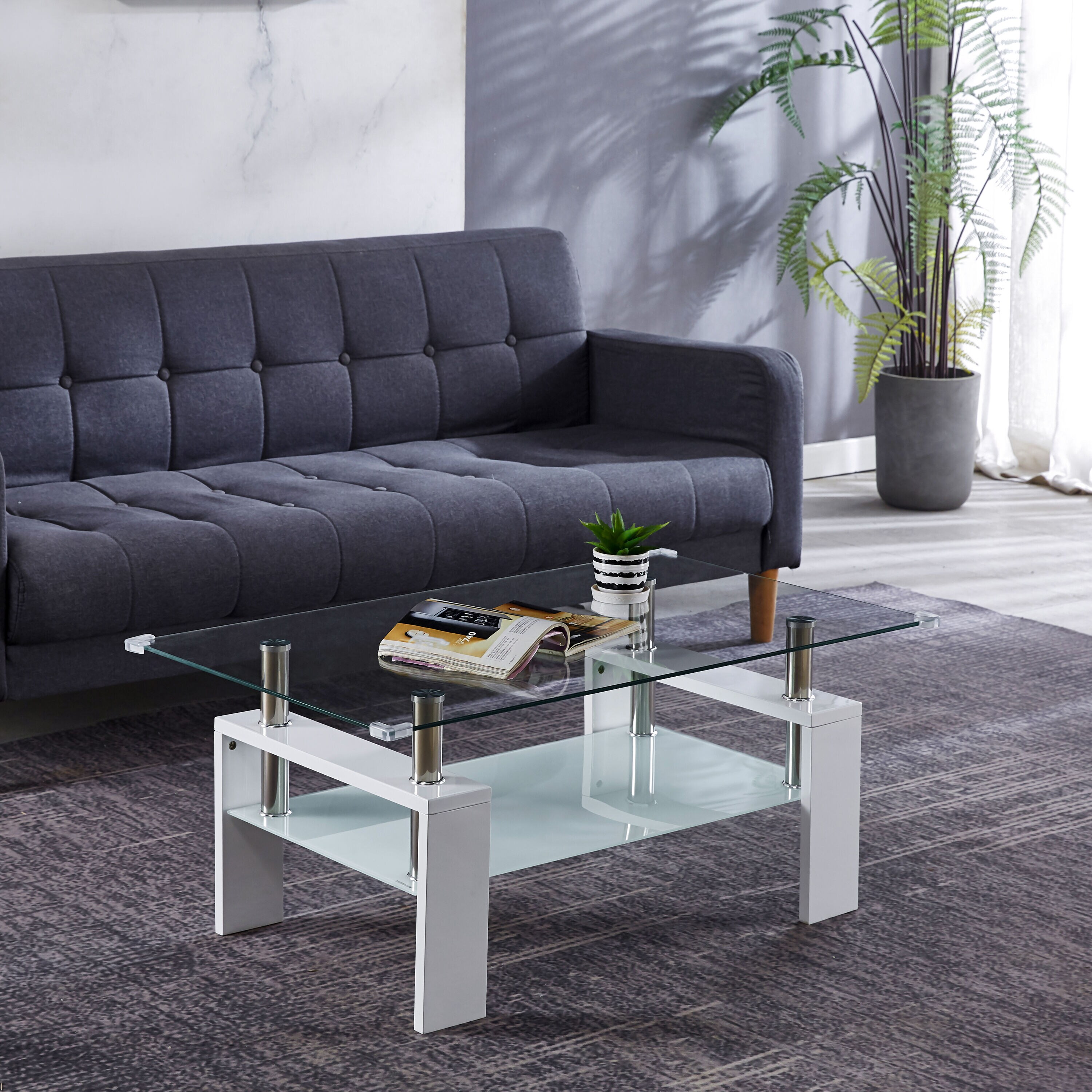 LUXEYARD Artisan Center Coffee Table Tempered Glass Top Stainless Steel ...