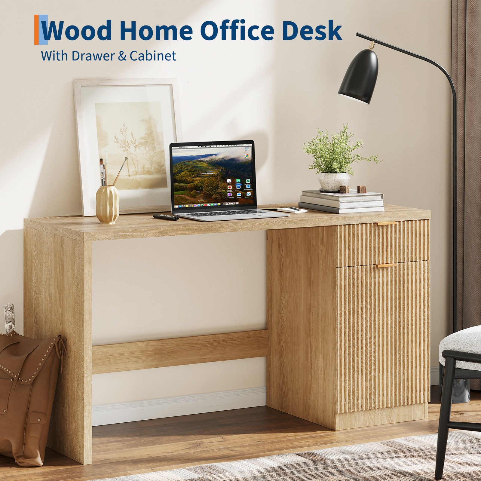 Garvee Writing Desk with Drawer Farmhouse Style MDF Natural Wood Finish ...