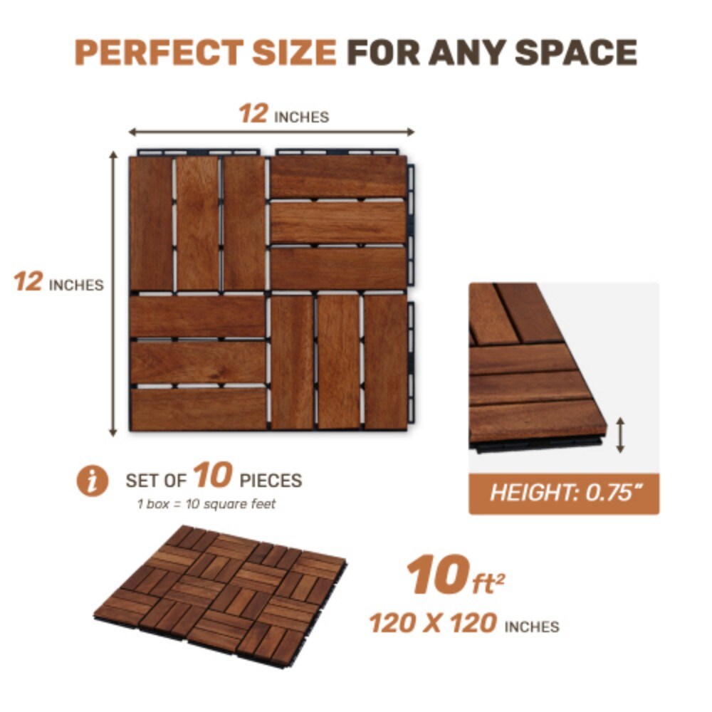 Tatayosi 10 brown 12x12in acacia wood interlocking deck tiles checker ...