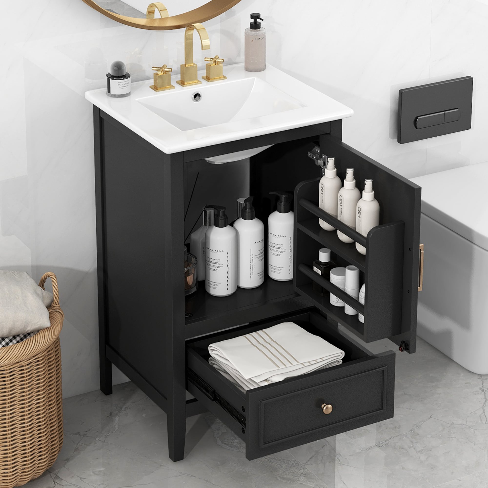 Tatayosi 20 Inch Black Freestanding Bathroom Vanity with Semi Lune Ceramic Sink and Magnetic ...