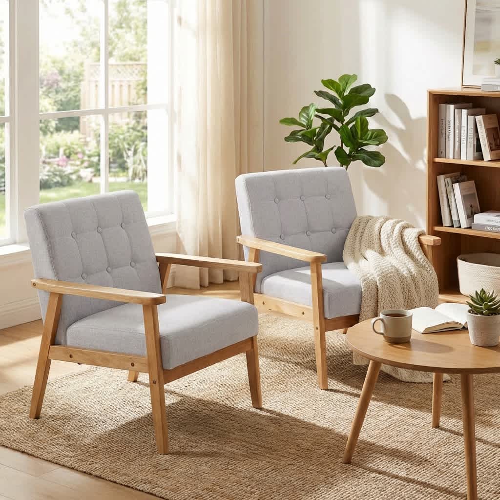 SEYNAR Mid-Century Linen Button-Tufted Accent Chair Set of 2 with Solid ...