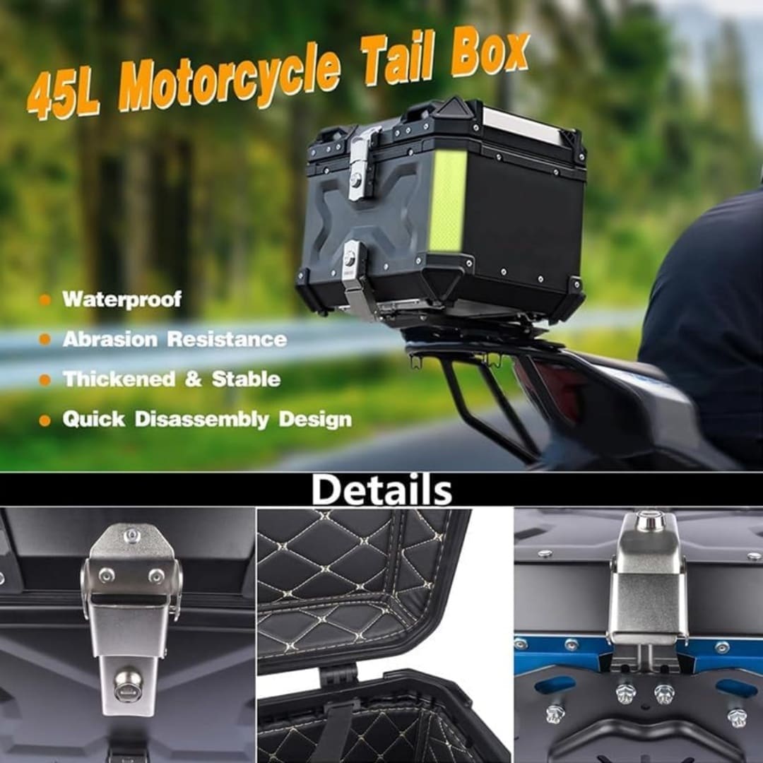 Qeetex Flat Black Motorcycle Top Case-45L Motorbike Tail Box-Waterproof ...