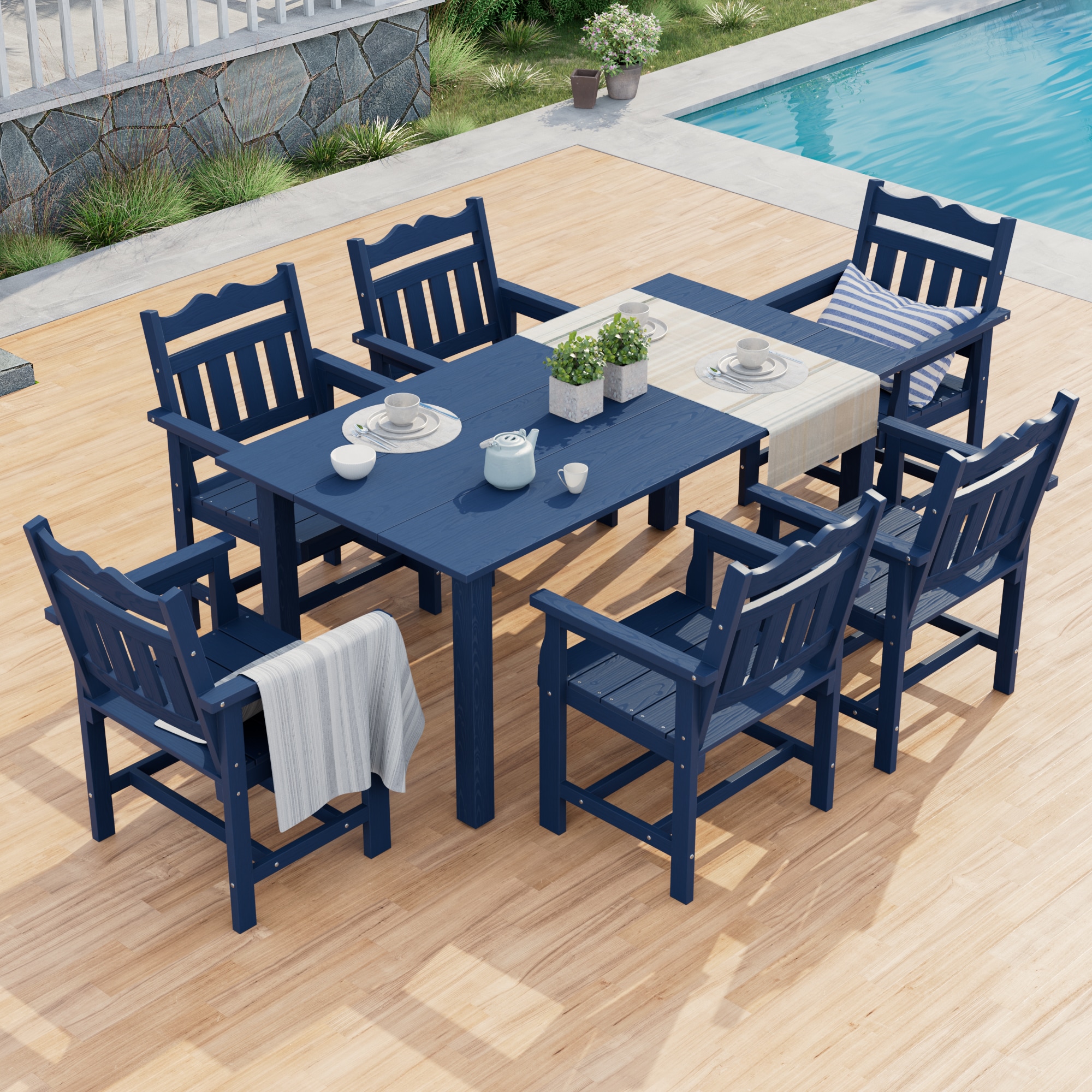 Sonkuki HIPS Table 7 -Piece Navy Blue Patio Dining Set Plastic ...