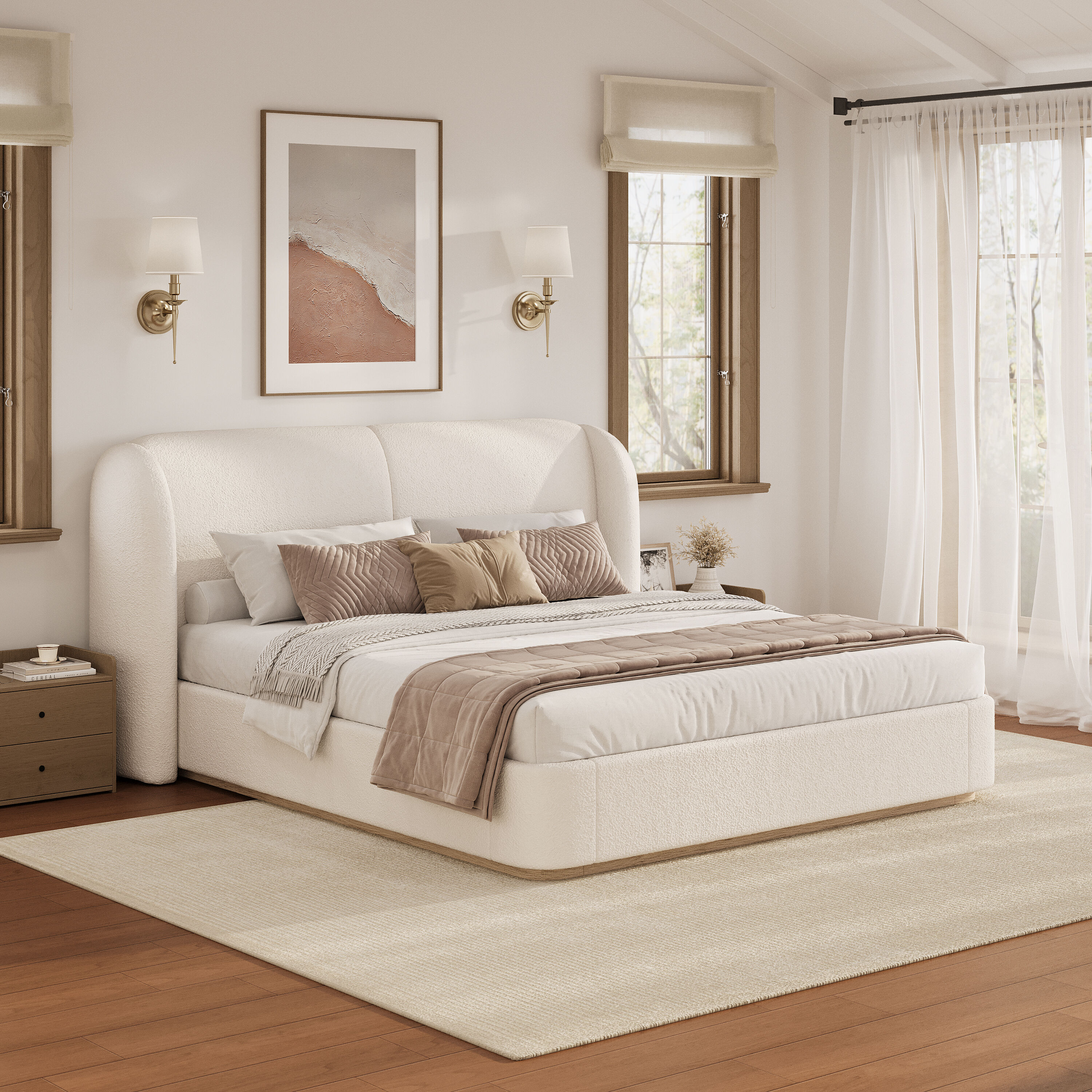 Qualler Queen Size Boucle Upholstered Platform Bed Frame with Wing Side ...