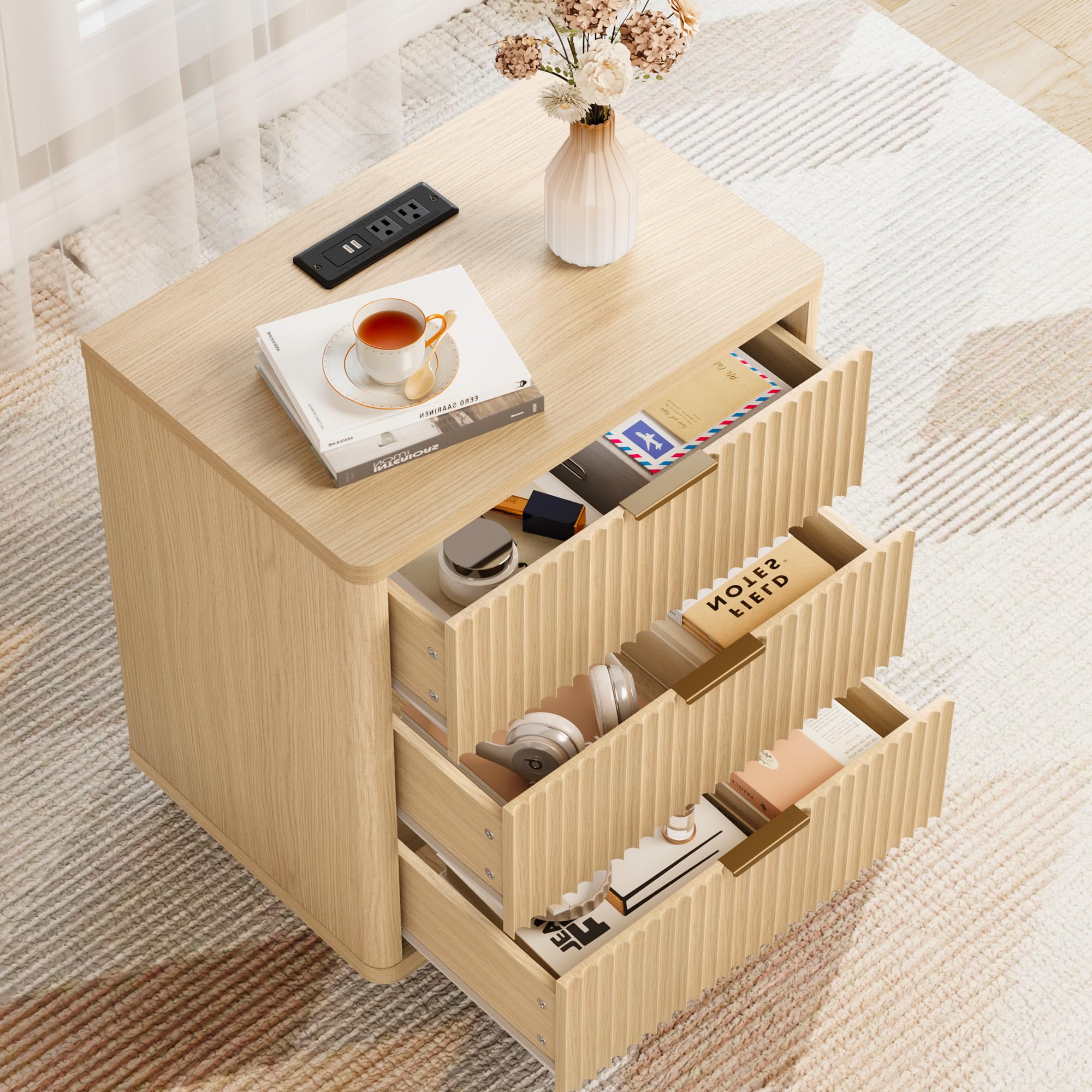 Garvee Nightstand with 3 Drawers Fluted Bedside Table with Outlet Light ...