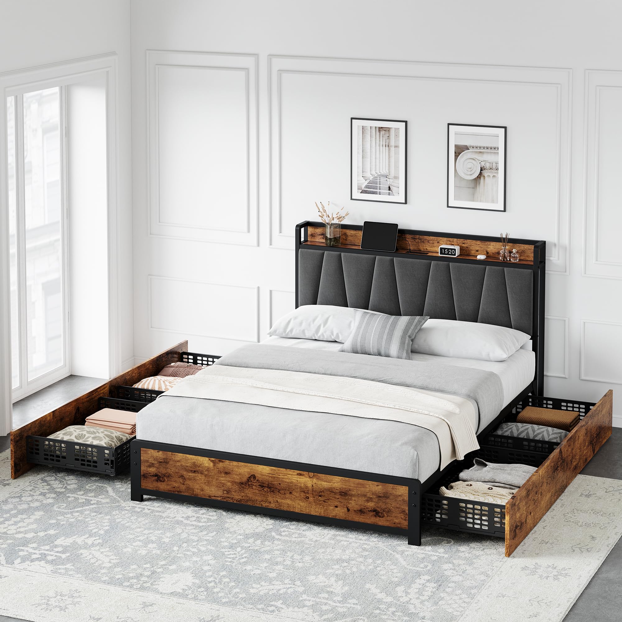 IdealHouse Full Size Linen Upholstered Platform Bed Frame With Storage ...