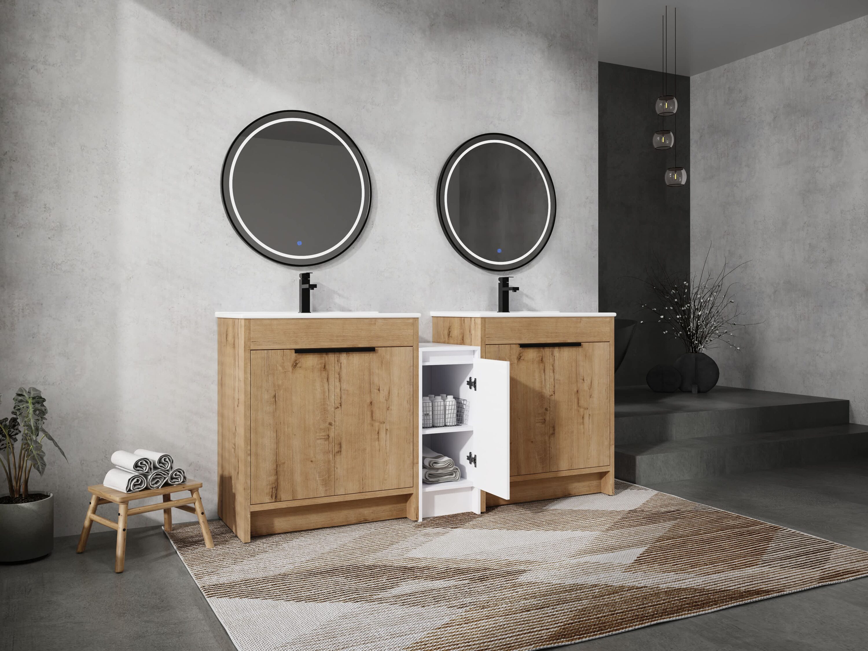 Vynxaria 72 in Double Freestanding Glossy White Imitation Oak Plywood ...