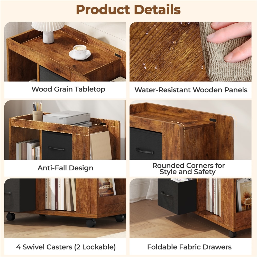Yaheetech Rustic Brown Mobile Side Table End Table with 2 Drawers and ...