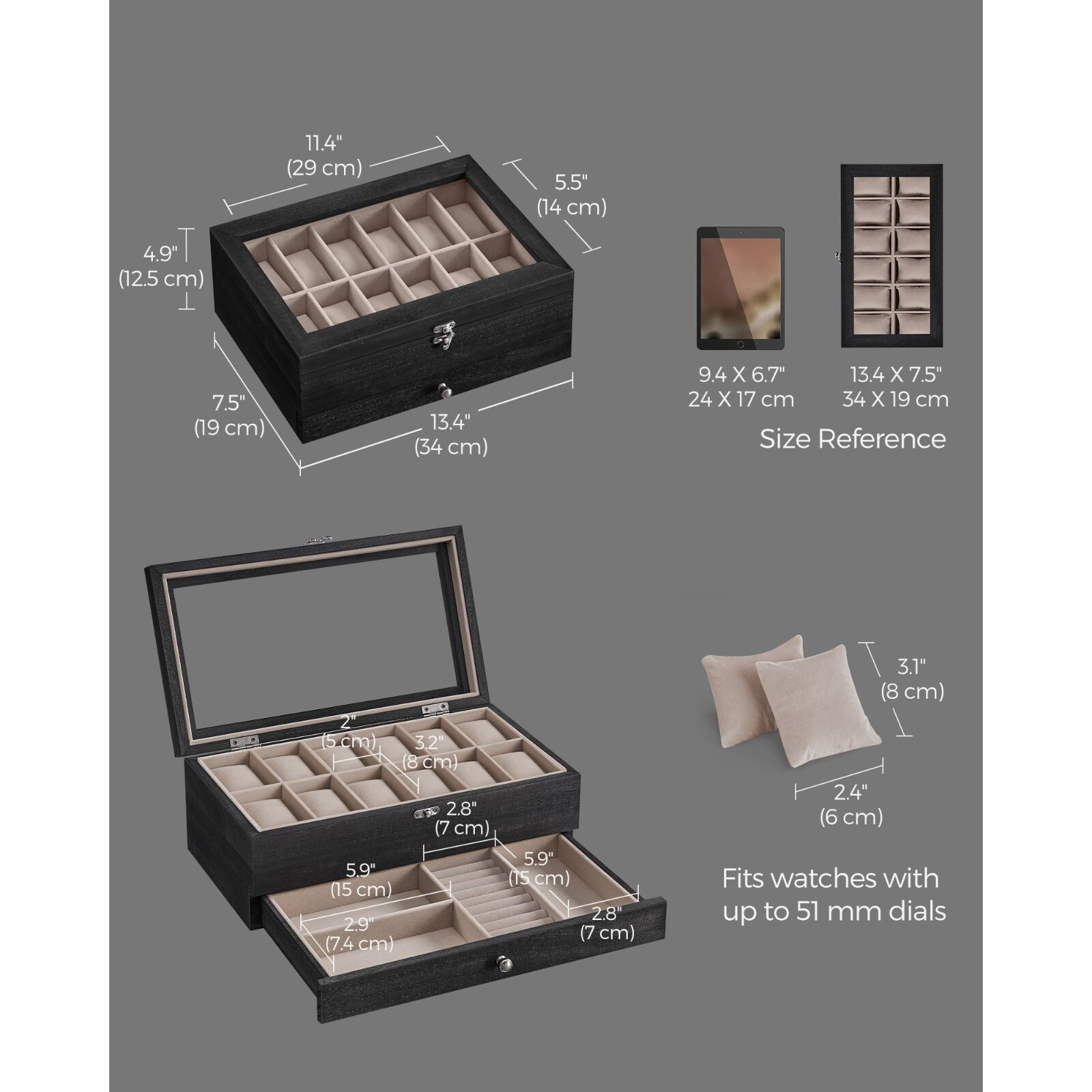 Slickblue Ebony Black -12-Slot Tabletop Watch Box with Large Glass Lid ...