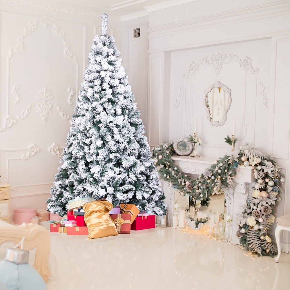 Zyerch 8FT Snow Flocked Artificial Christmas Tree 1300 PVC Branch Tips ...