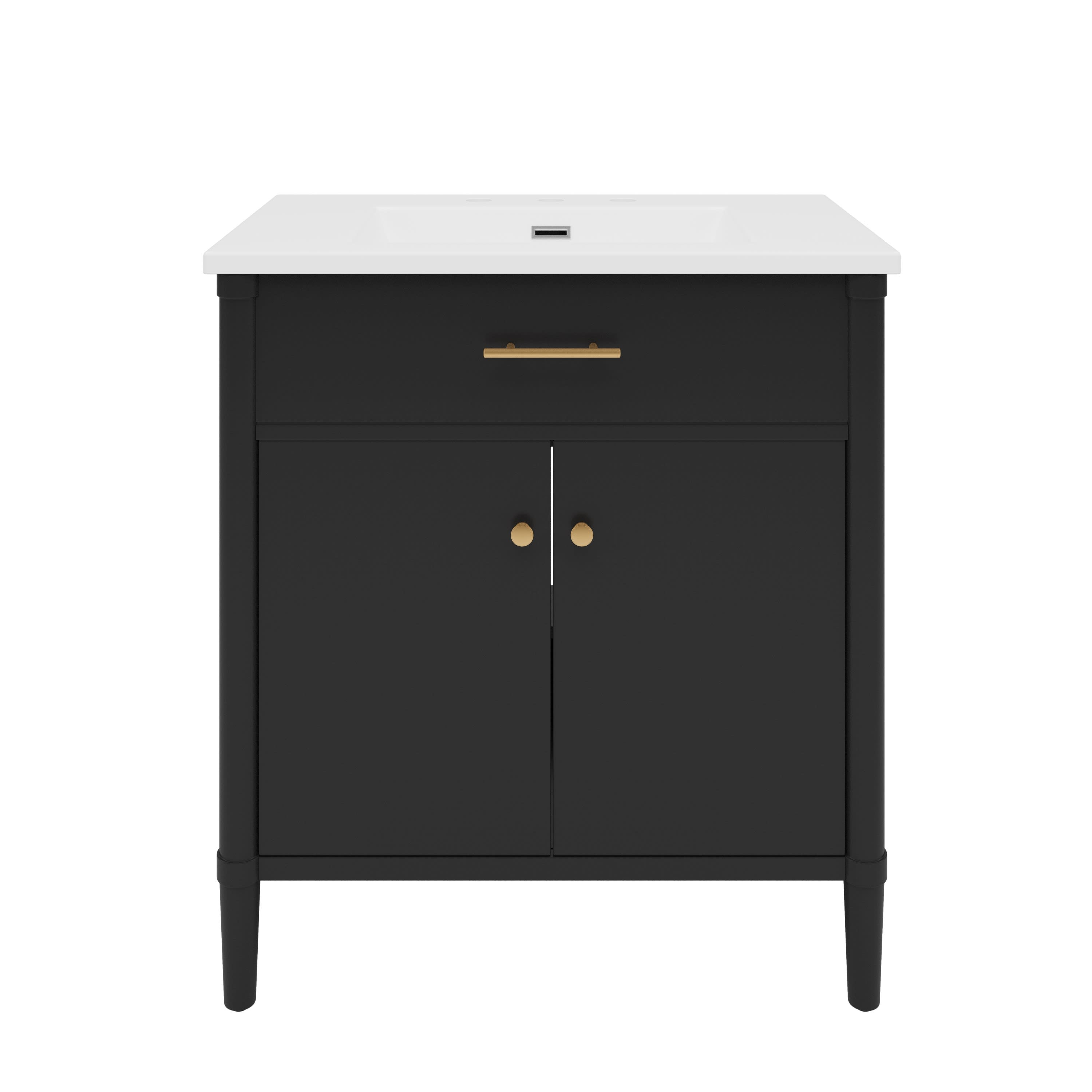 Vynxaria 31 Inch Black Curved Bathroom Vanity with Ceramic Sink One ...