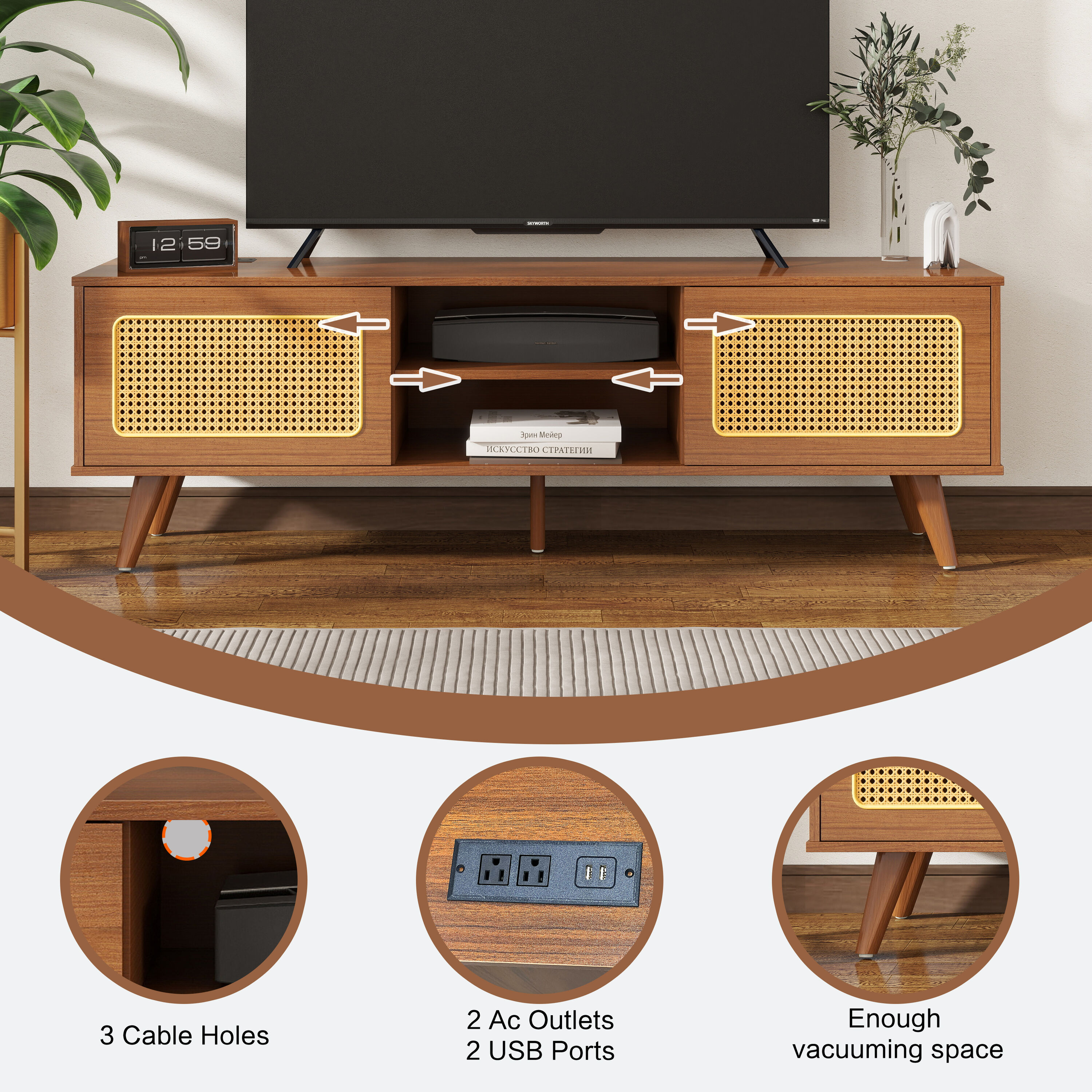 Huluwat YXJ-59 Inch Walnut Mid Century Modern TV Stand with Rattan ...