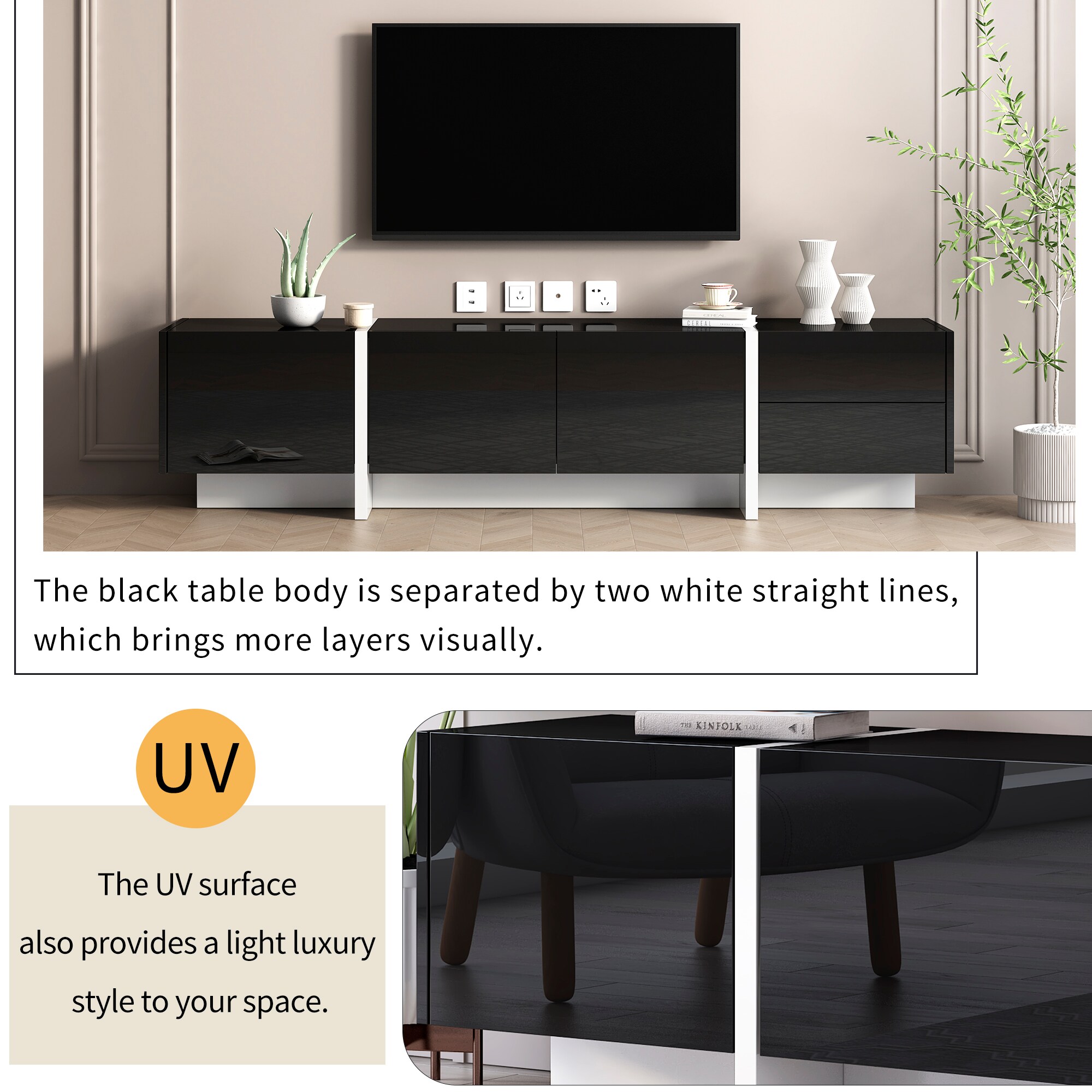 Huluwat 80 Inch Contemporary TV Stand with High Gloss UV Surface for ...