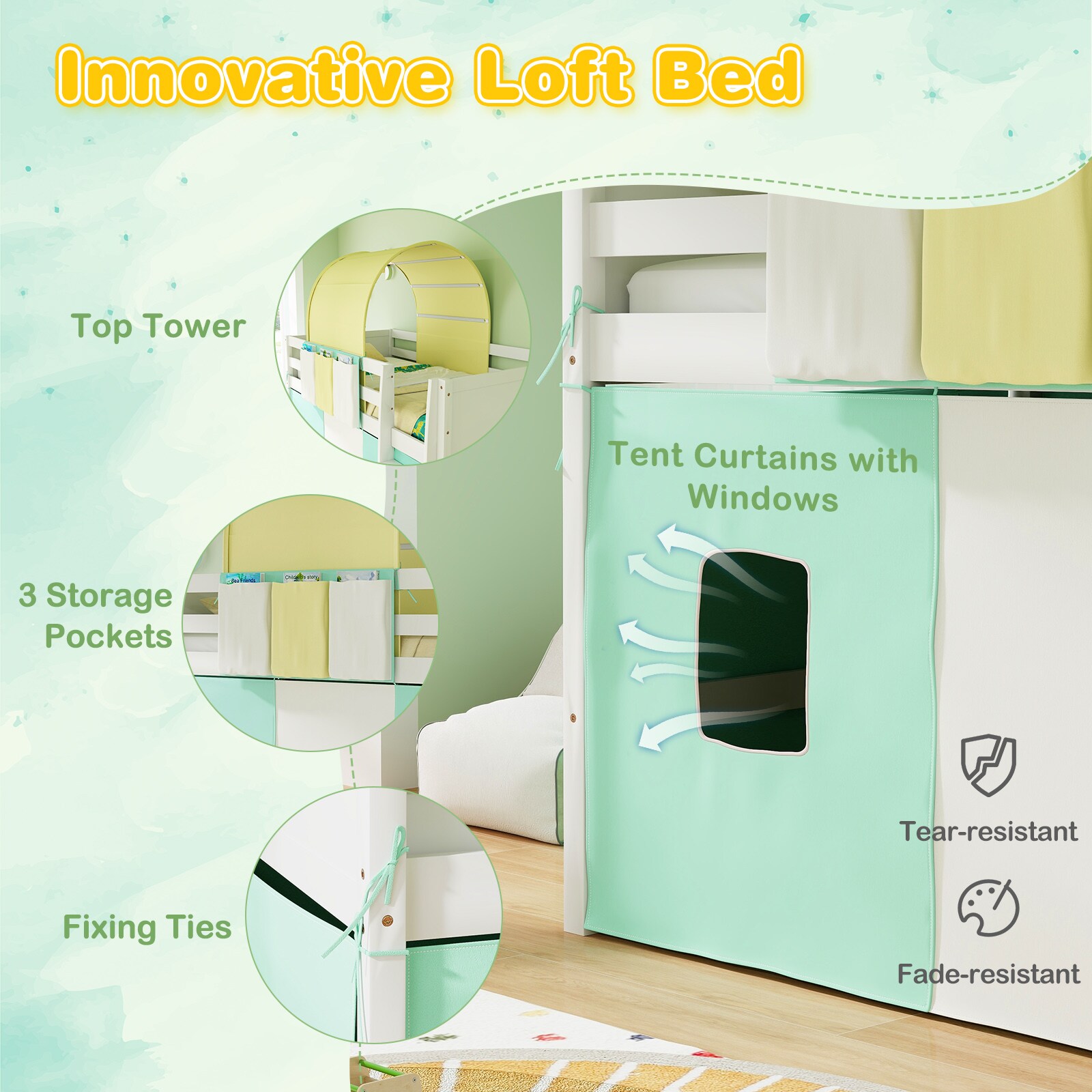 SUGIFT Twin Size Loft Bed With Tower Tent 3 Storage Pockets 79-in L x ...