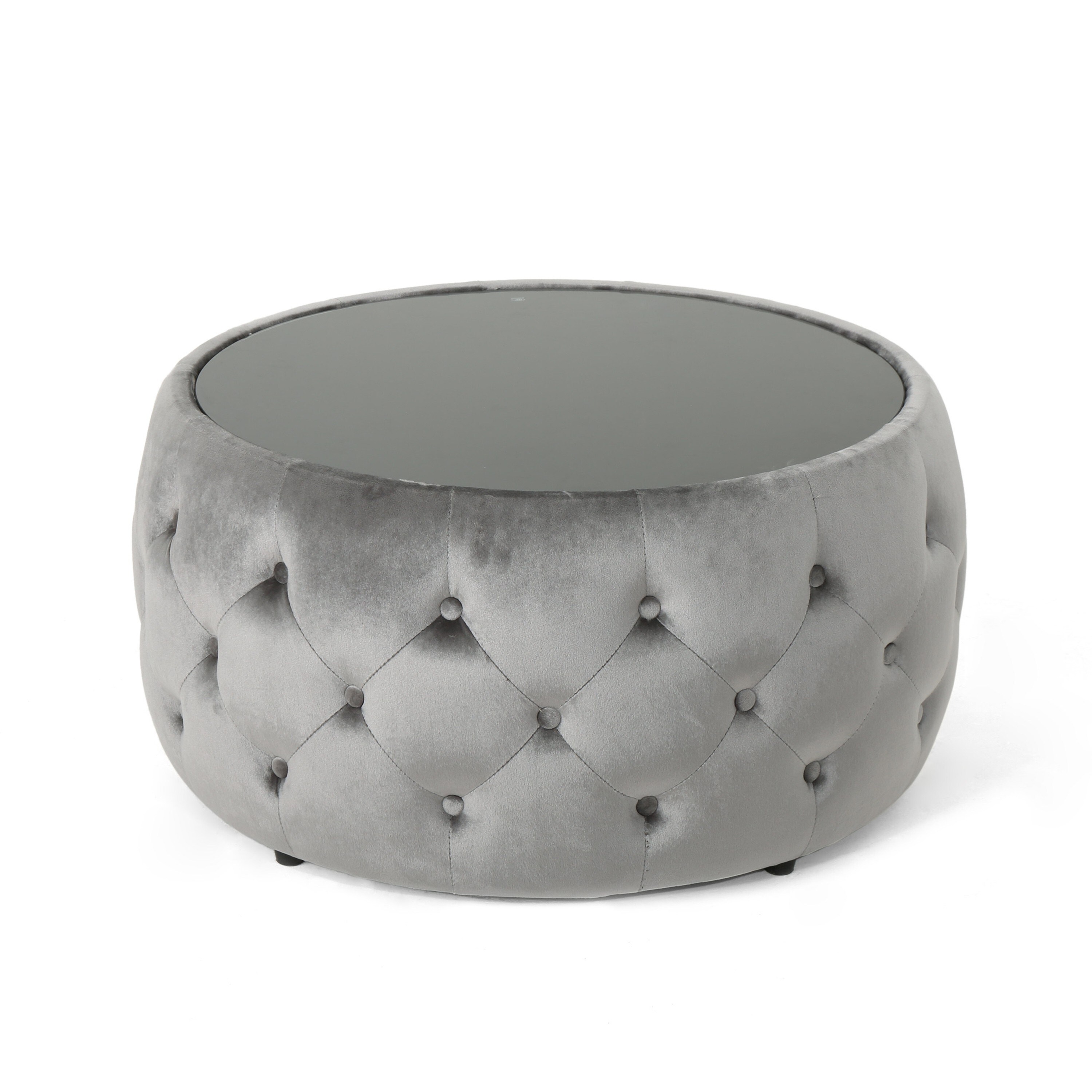 Benzara Pirana Ottoman Coffee Table Gray Tuft Velvet 30 Inch Tempered ...