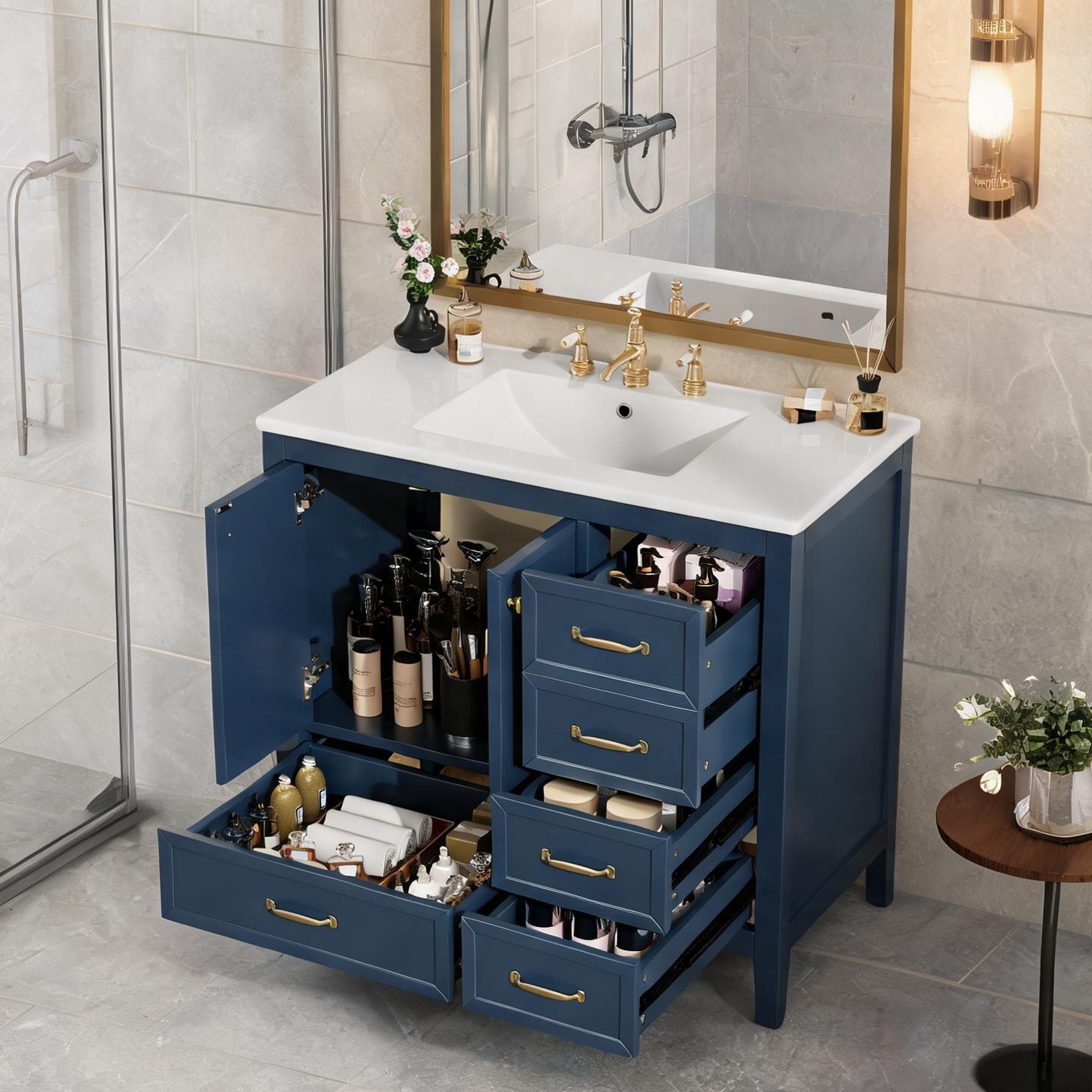 SunJet Solid Pine and Ceramic 36-Inch Bathroom Vanity with Integrated ...