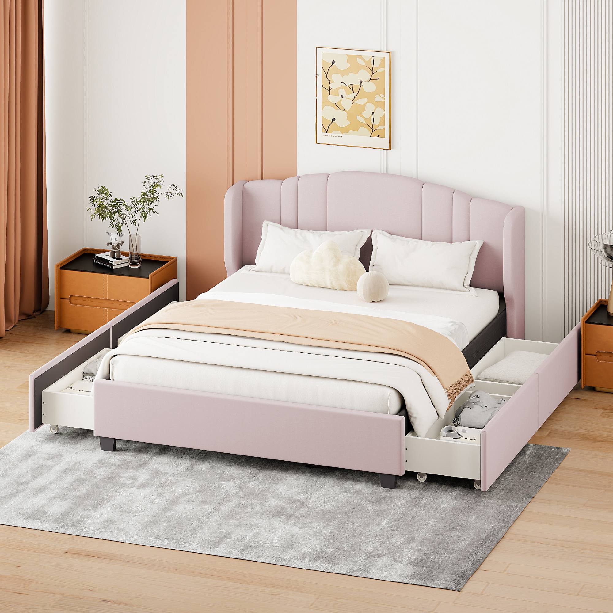 ModernLuxe Queen pink Platform Bed with Headboard in the Beds ...