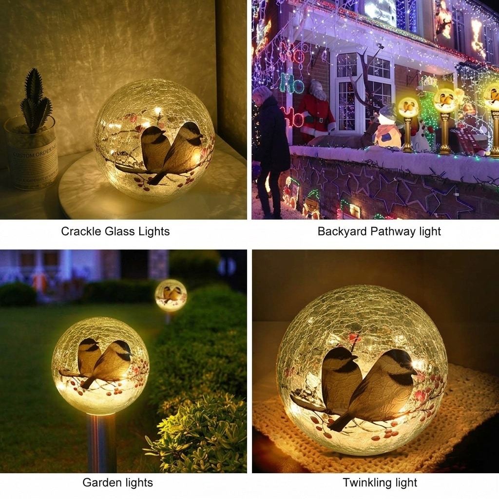 Lukvuzo Glass Ball LED Night Light Birds Pattern Crackle Warm White for ...