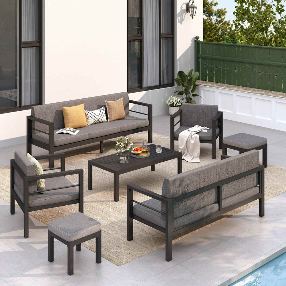 Coveronics 7 -Piece Patio Sofa Conversation Set with Dark Gray Cushions ...