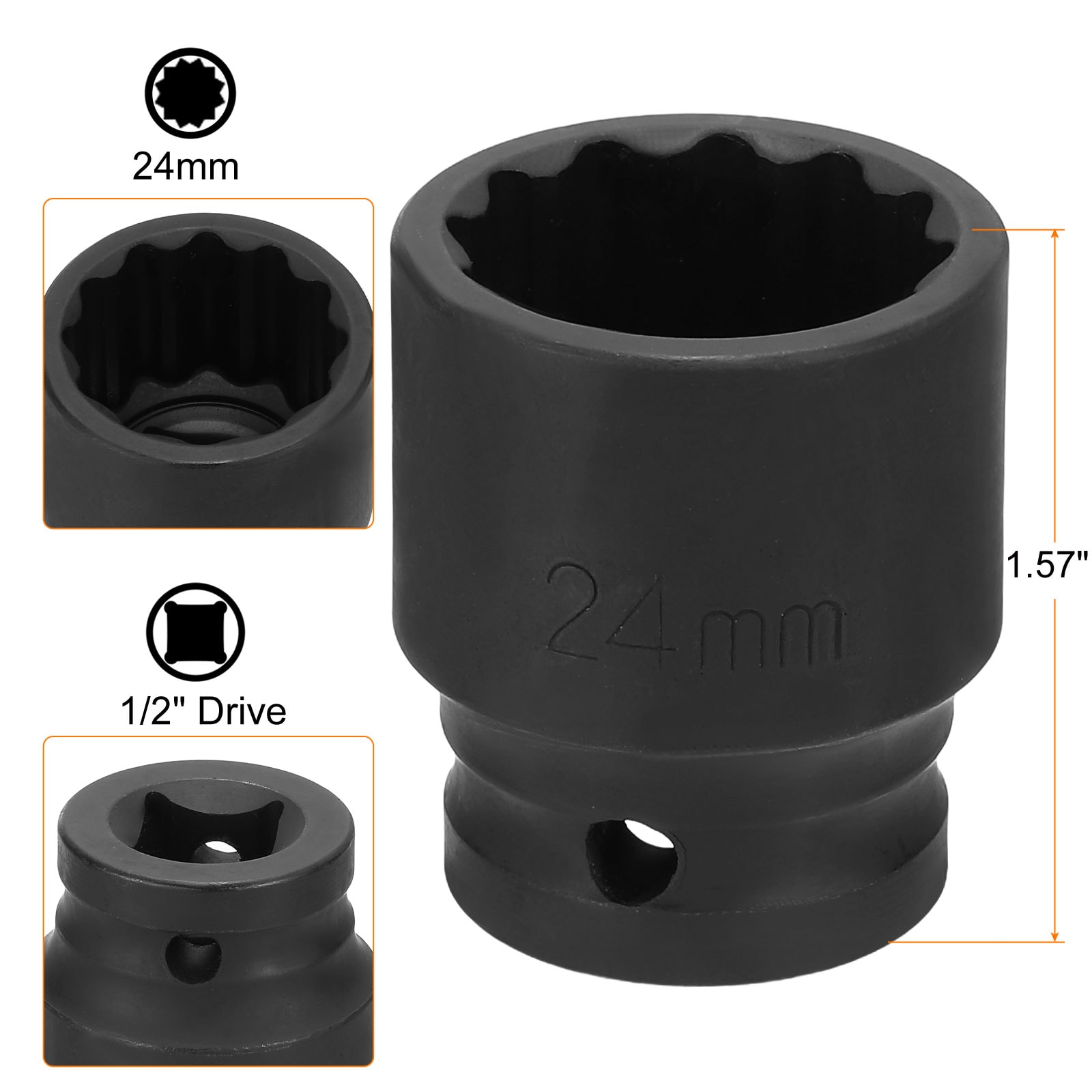 Harfington 12-Point Impact Socket 1/2 Inch Drive 24mm Metric Cr-V ...