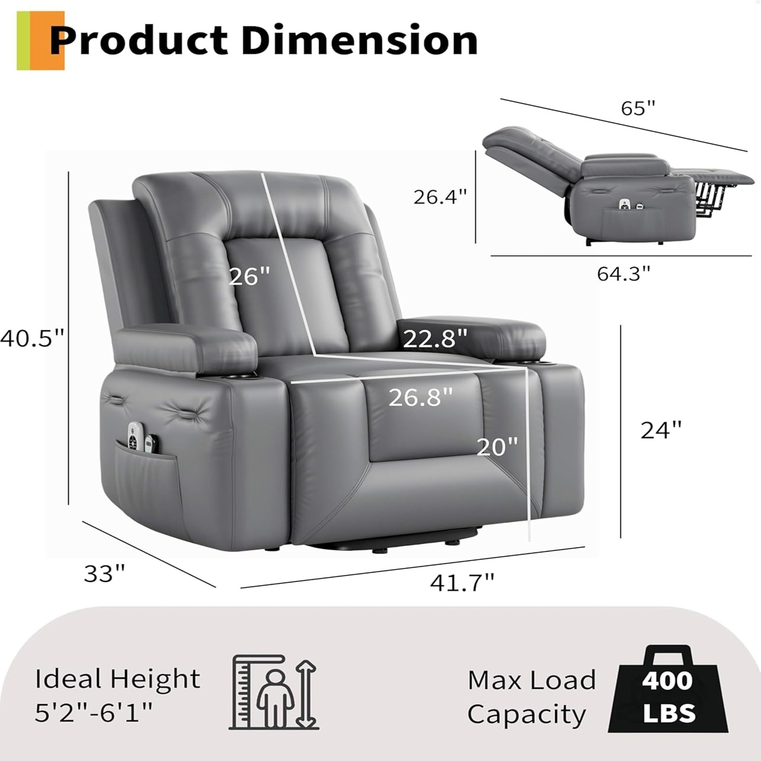 Garvee 27 Inch Oversized Power Lift Recliner Chair - Heat and Massage ...